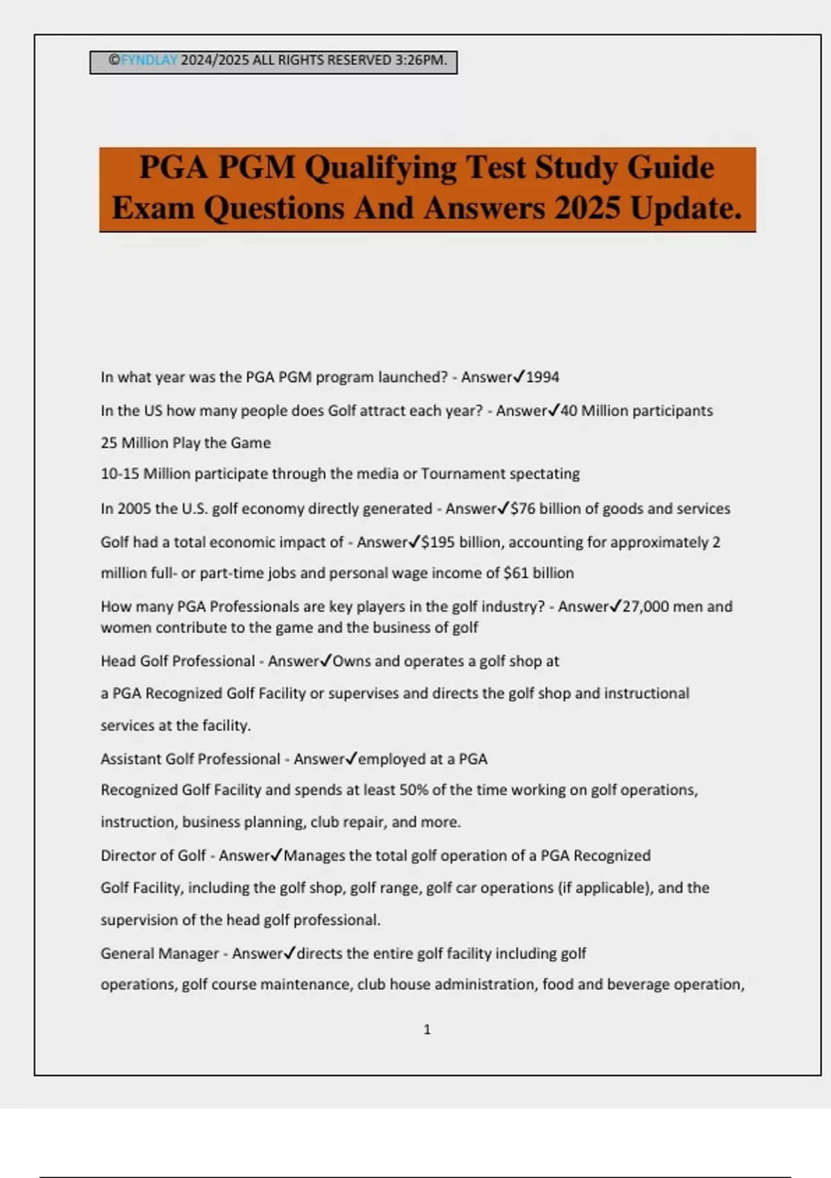 PGA PGM Qualifying Test Study Guide Exam Questions And Answers 2025 ...