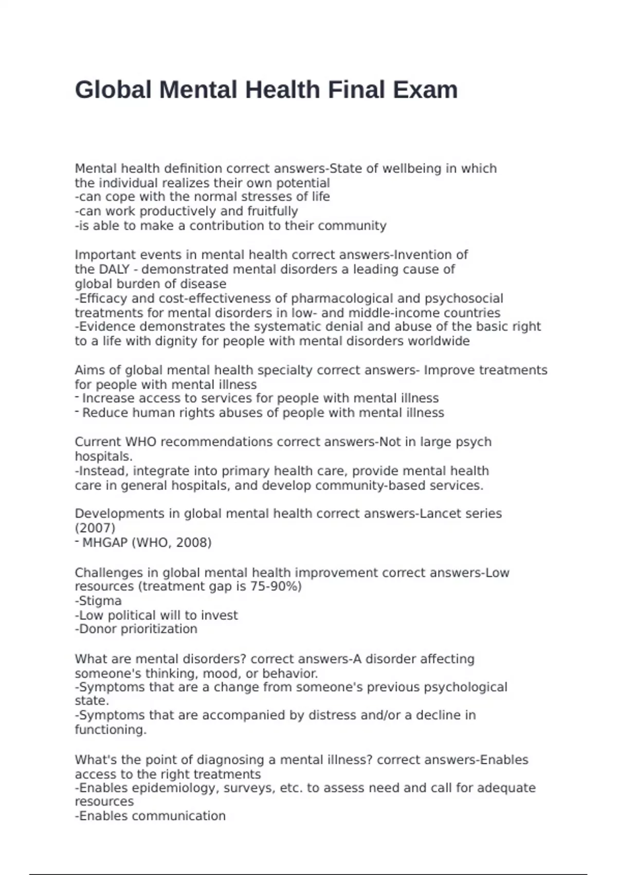 Global Mental Health Final Exam with 100% correct answers 2025 - Global ...