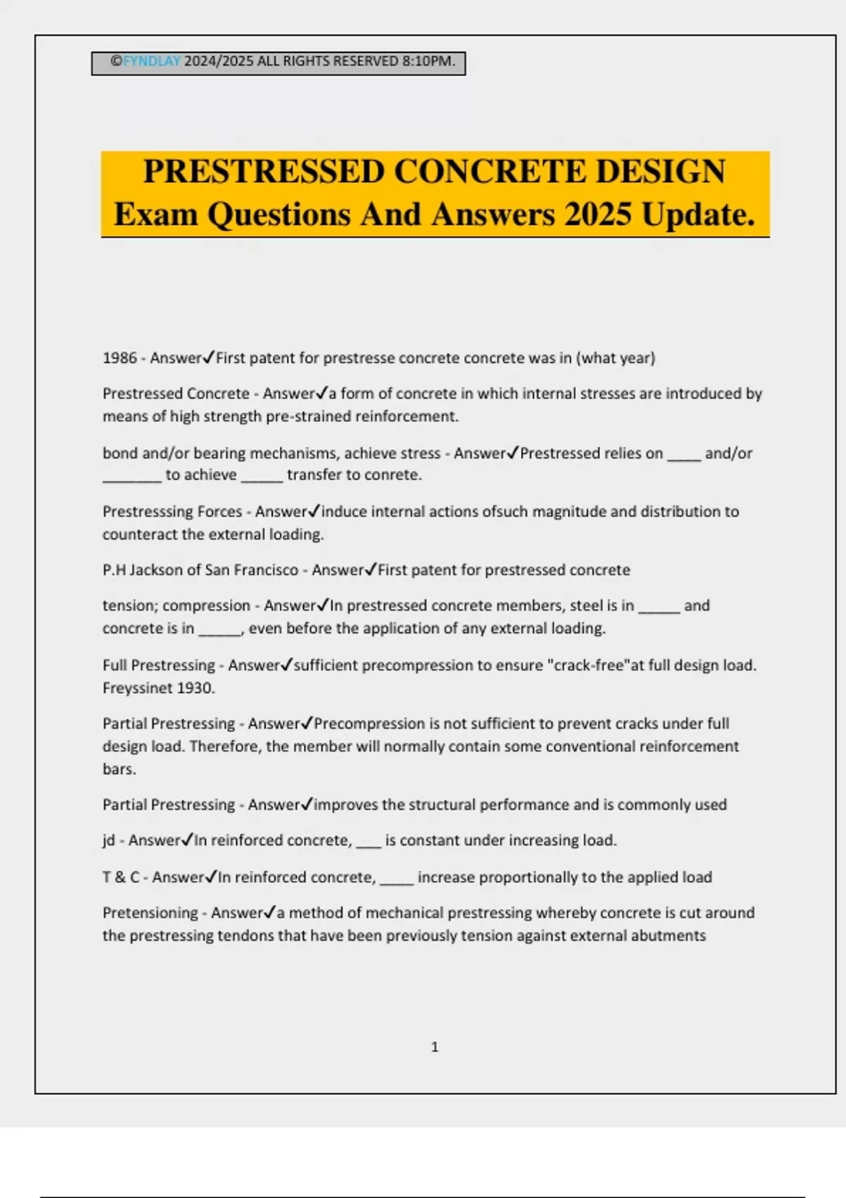 PRESTRESSED CONCRETE DESIGN Exam Questions And Answers 2025 Update ...