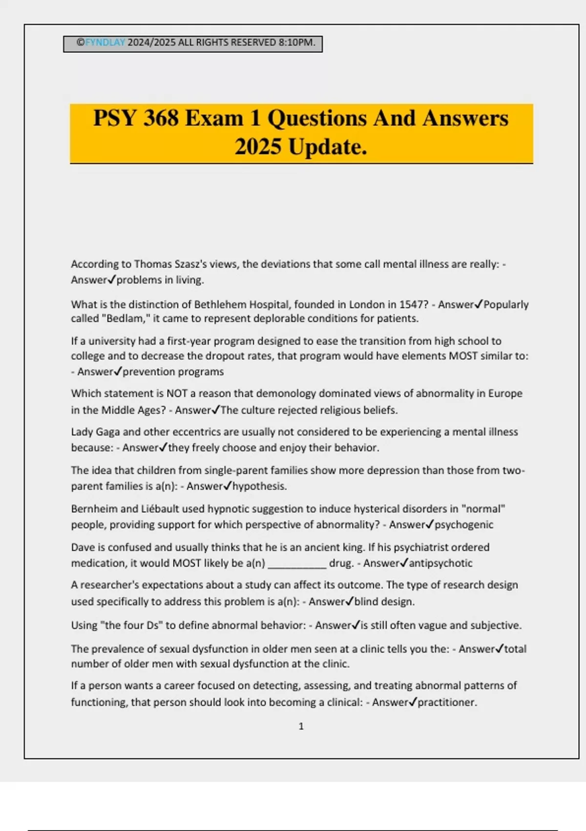 PSY 368 Exam 1 Questions And Answers 2025 Update - PSY368 - Stuvia US