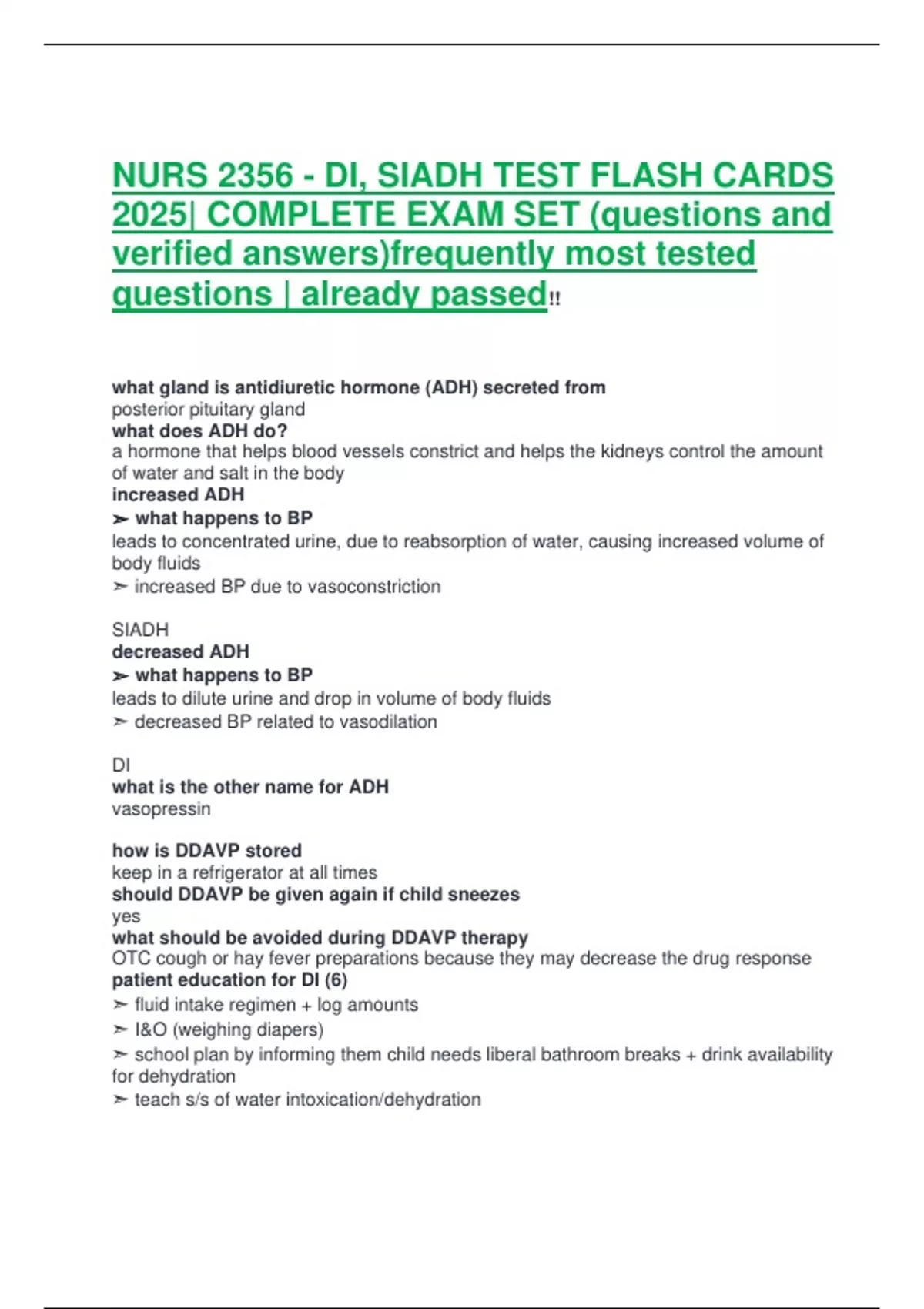 NURS 2356 - DI, SIADH TEST FLASH CARDS 2025| COMPLETE EXAM SET ...