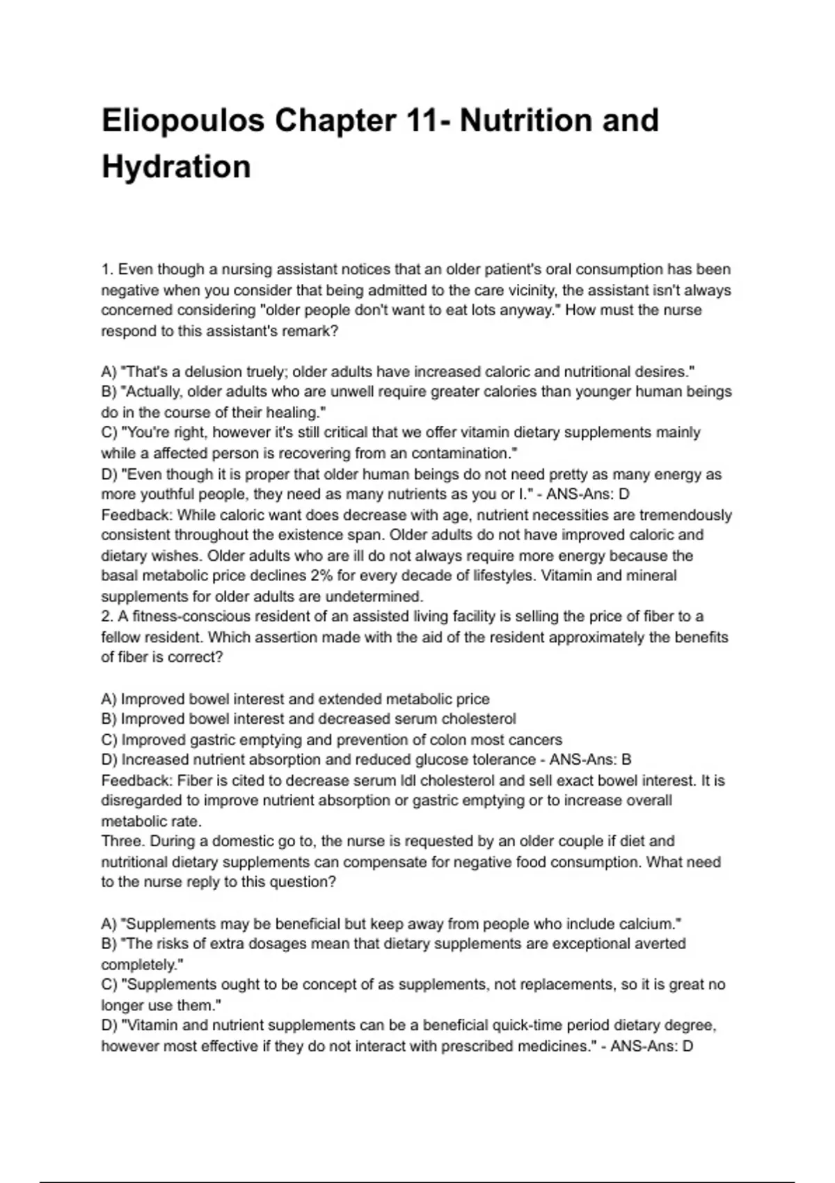 Eliopoulos Chapter 11- Nutrition and Hydration QUESTIONS WITH DETAILED ...