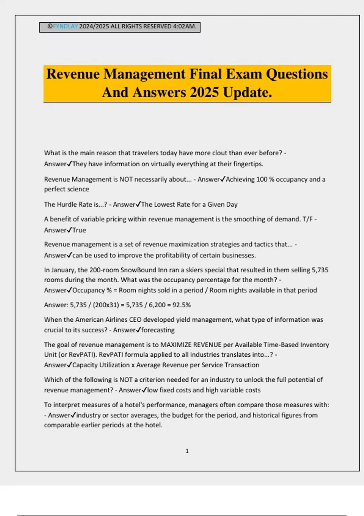 Revenue Management Final Exam Questions And Answers 2025 Update. - Revenue Management - Stuvia US