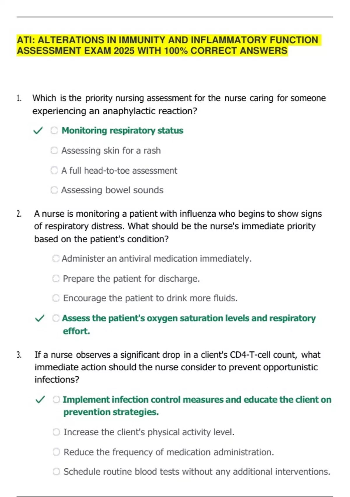ATI: ALTERATIONS IN IMMUNITY AND INFLAMMATORY FUNCTION ASSESSMENT EXAM ...