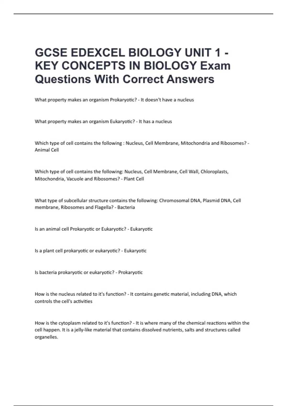 GCSE EDEXCEL BIOLOGY UNIT 1 - KEY CONCEPTS IN BIOLOGY Exam Questions ...