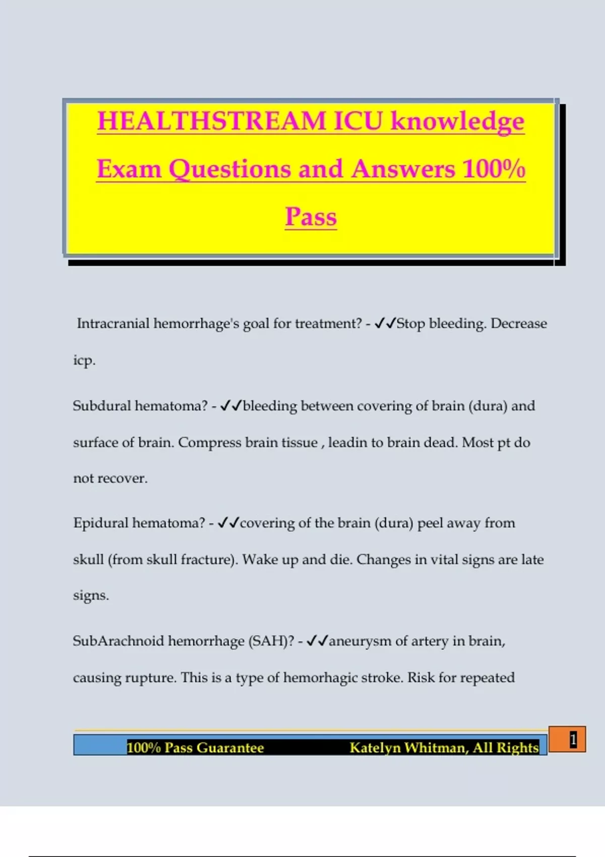 HEALTHSTREAM ICU knowledge Exam Questions and Answers 100% Pass ...