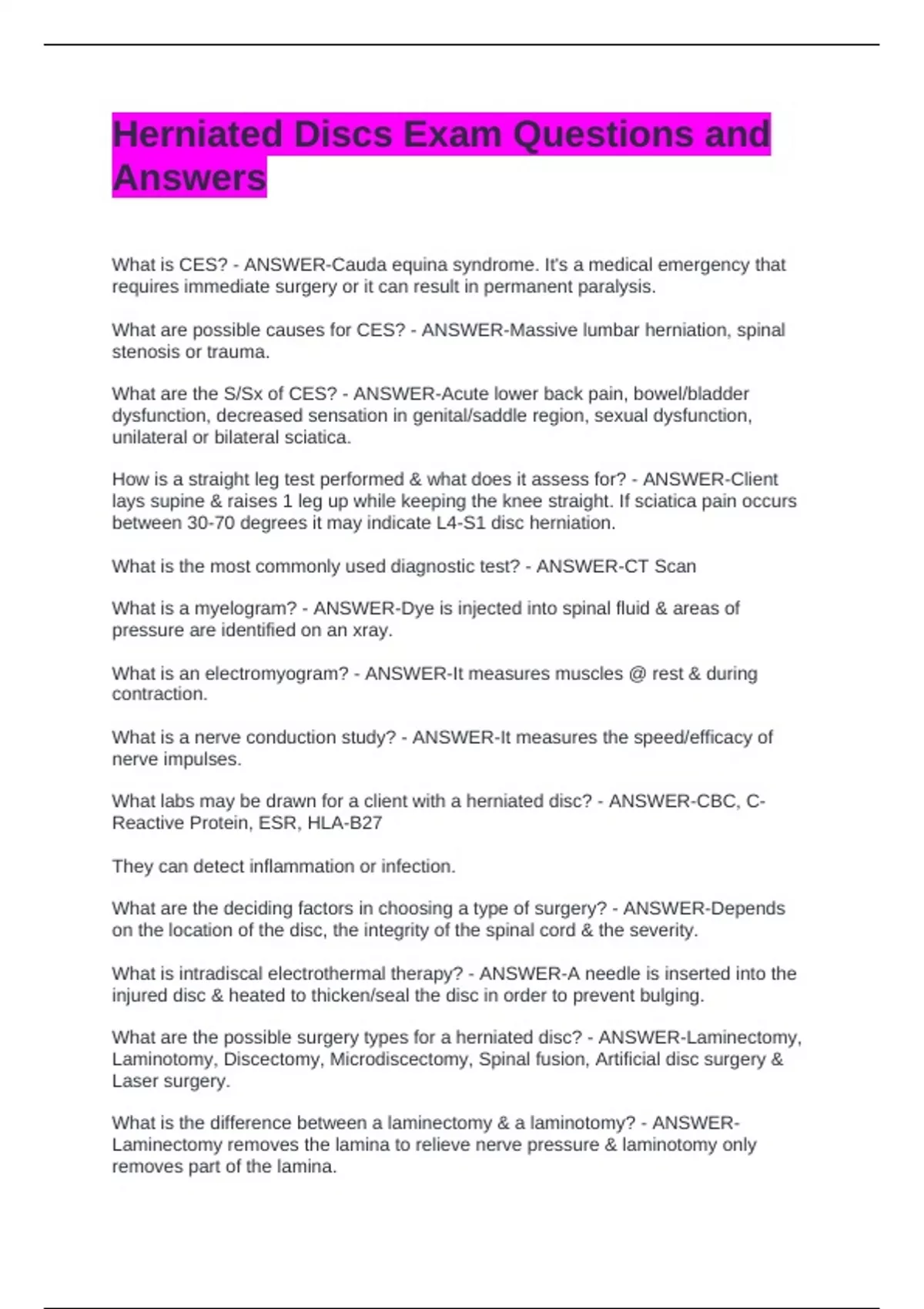 Herniated Discs Exam Questions and Answers - Disc Prolapse - Stuvia US