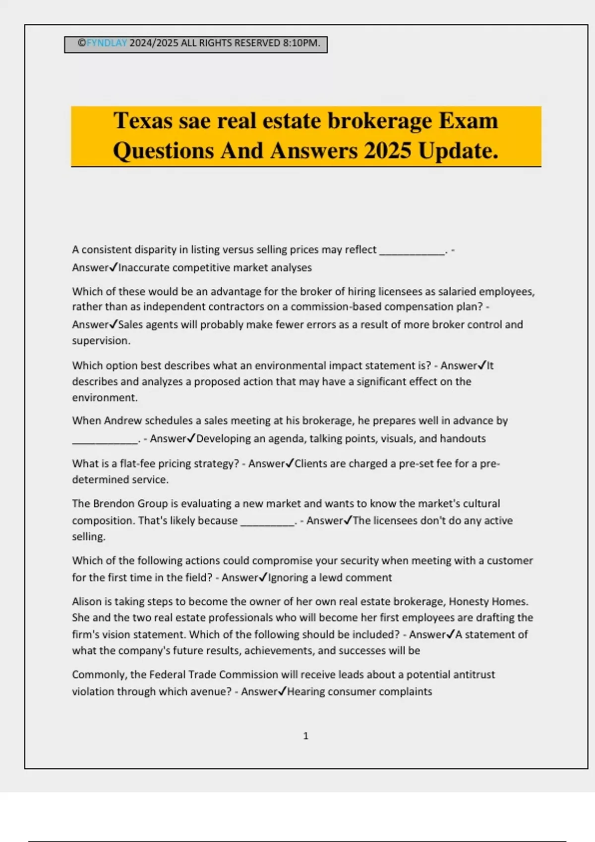 Texas sae real estate brokerage Exam Questions And Answers 2025 Update ...
