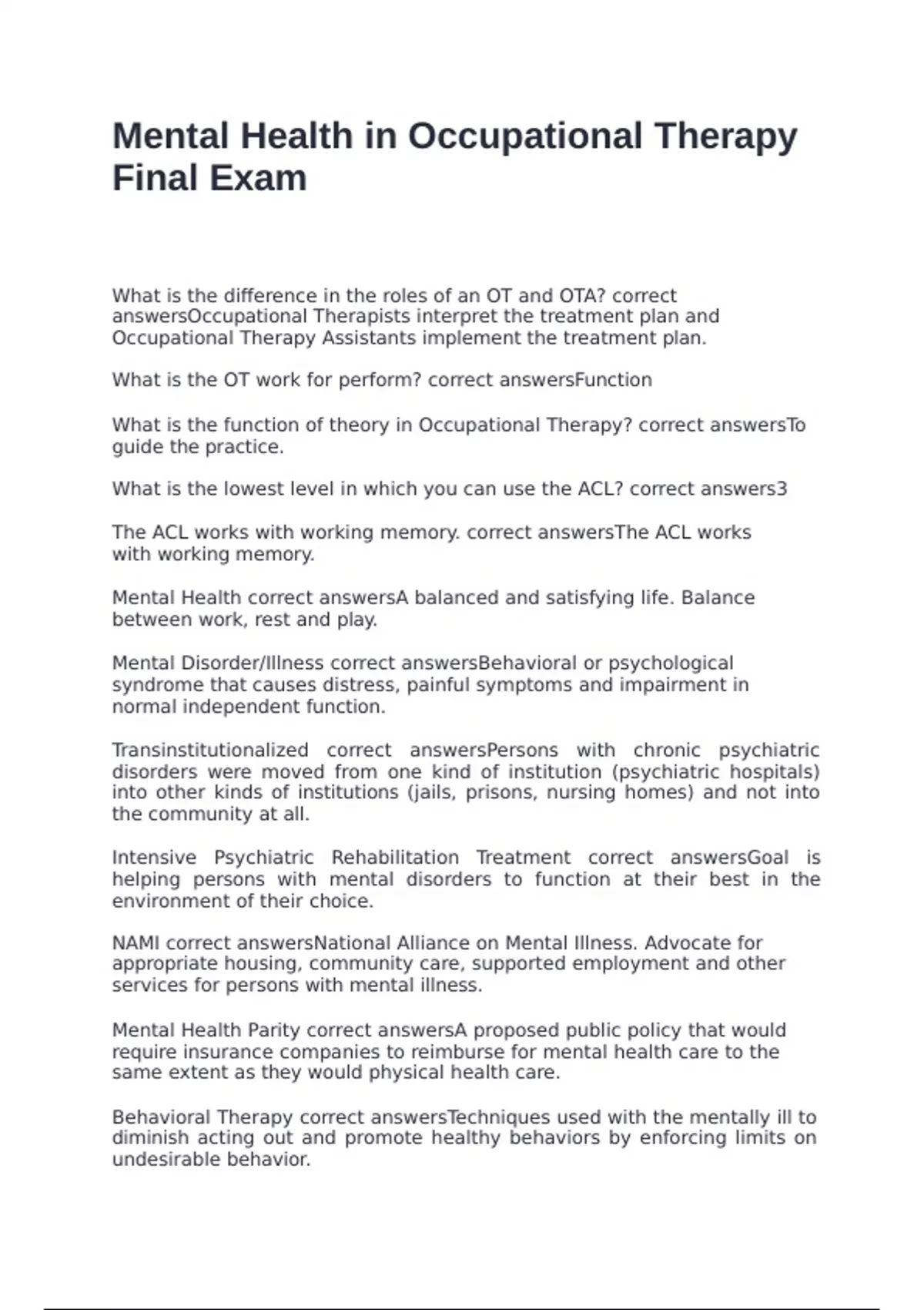 Mental Health in Occupational Therapy Final Exam with 100% correct ...