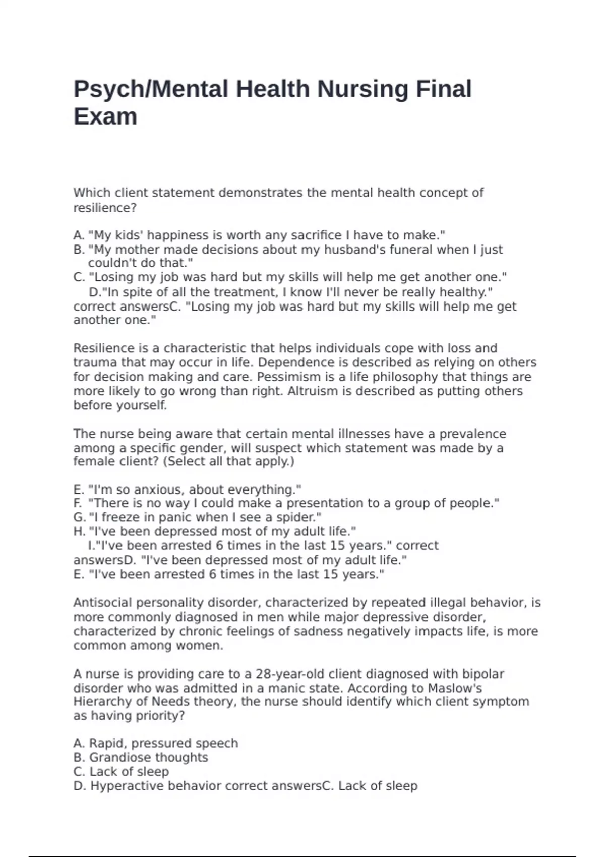 Psych/Mental Health Nursing Final Exam with 100% correct answers 2025 ...