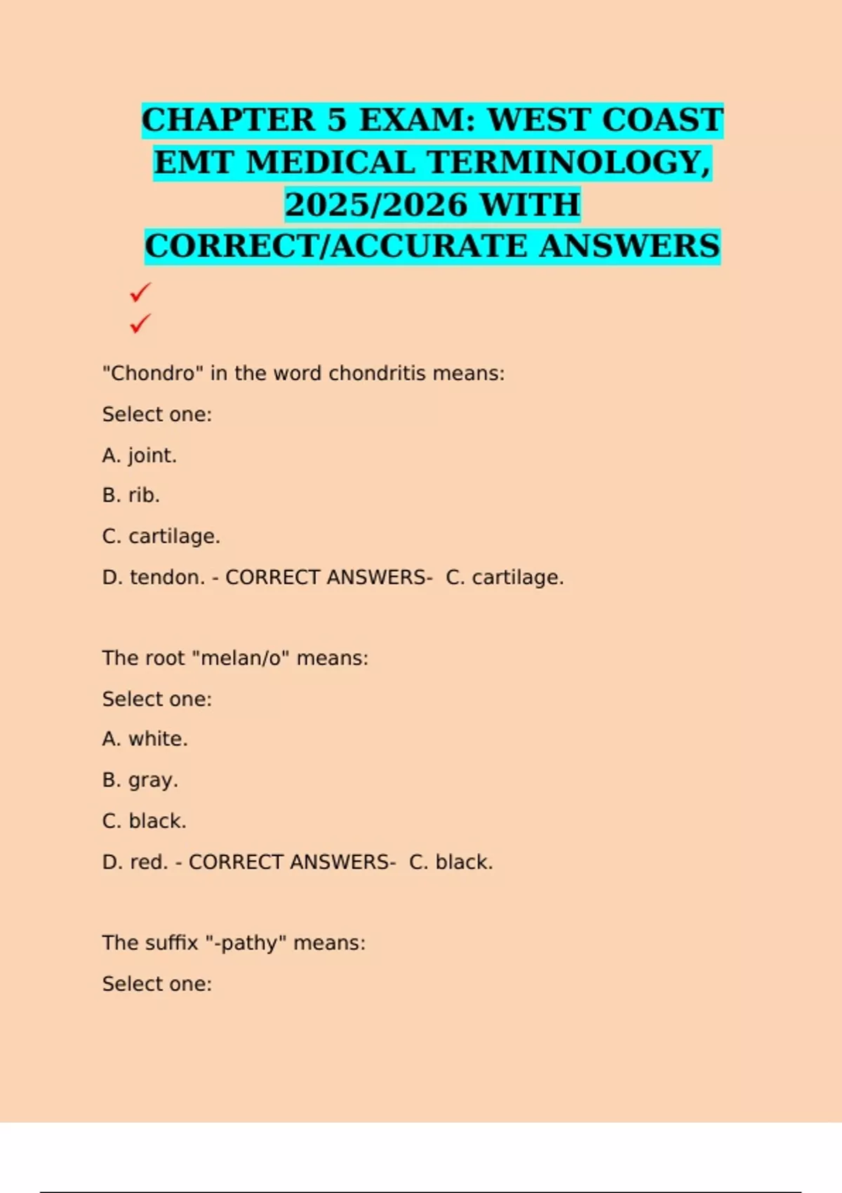 CHAPTER 5 EXAM: WEST COAST EMT MEDICAL TERMINOLOGY, 2025/2026 WITH ...