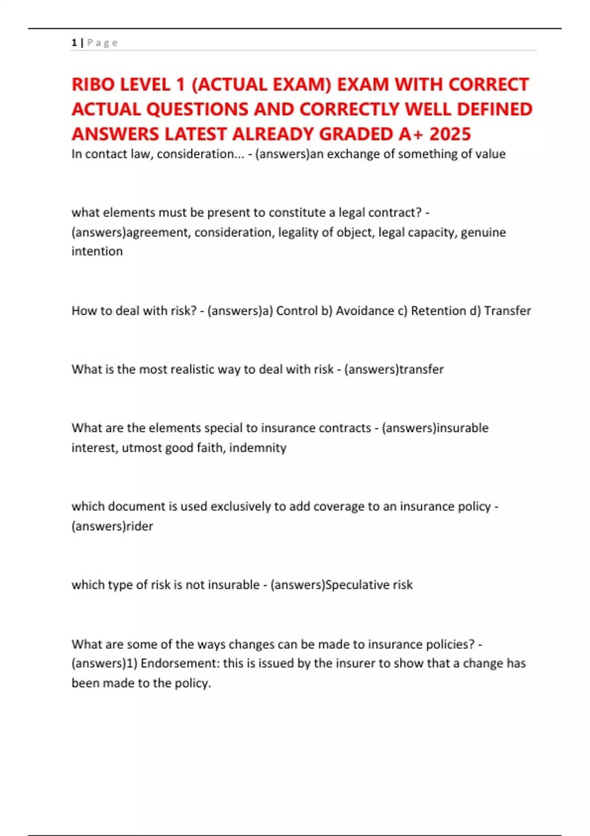 RIBO LEVEL 1 (ACTUAL EXAM) EXAM WITH CORRECT ACTUAL QUESTIONS AND CORRECTLY WELL DEFINED ANSWERS ...