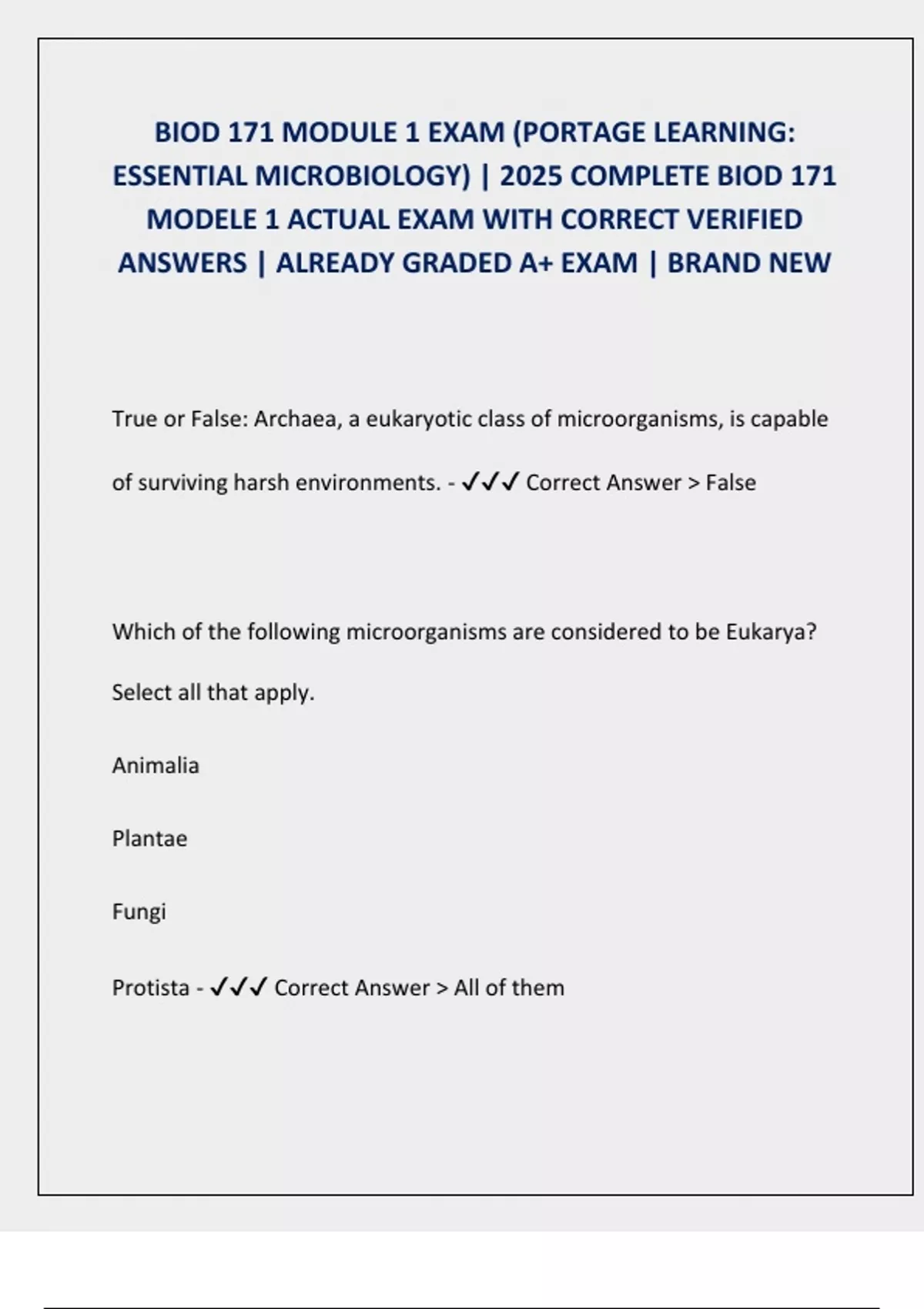BIOD 171 MODULE 1 EXAM (PORTAGE LEARNING: ESSENTIAL MICROBIOLOGY ...