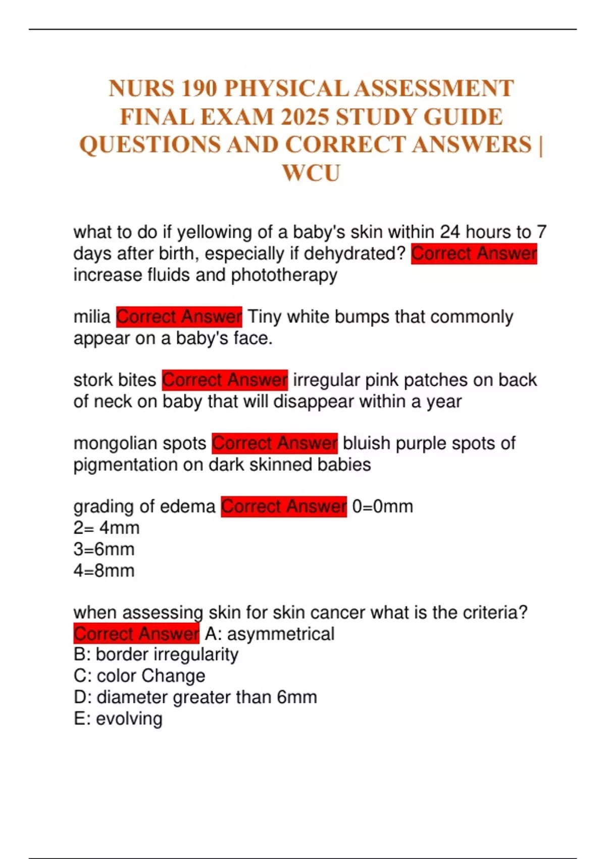 NURS 190 PHYSICAL ASSESSMENT FINAL EXAM 2025 STUDY GUIDE QUESTIONS AND CORRECT ANSWERS | WCU ...