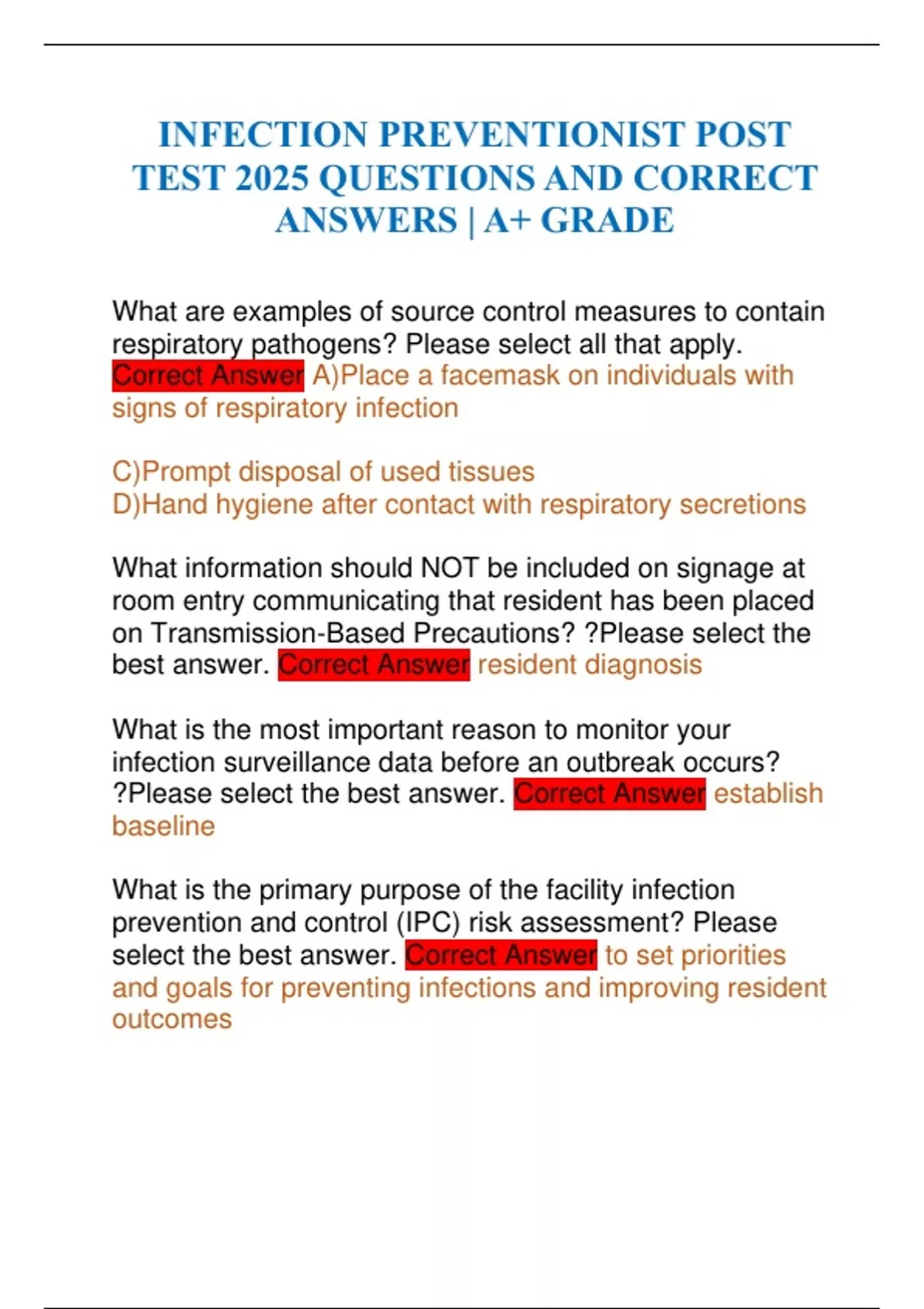 INFECTION PREVENTIONIST POST TEST 2025 QUESTIONS AND CORRECT ANSWERS ...