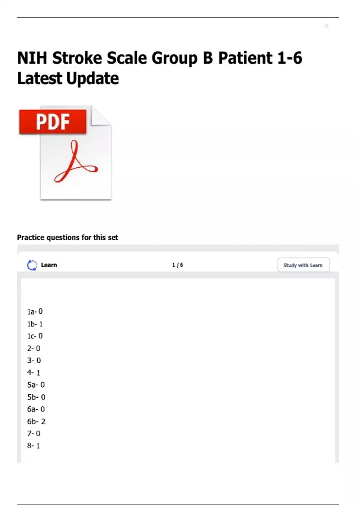 NIH Stroke Scale Group B Patient 1-6 Latest Update - NIH Stroke - Stuvia US