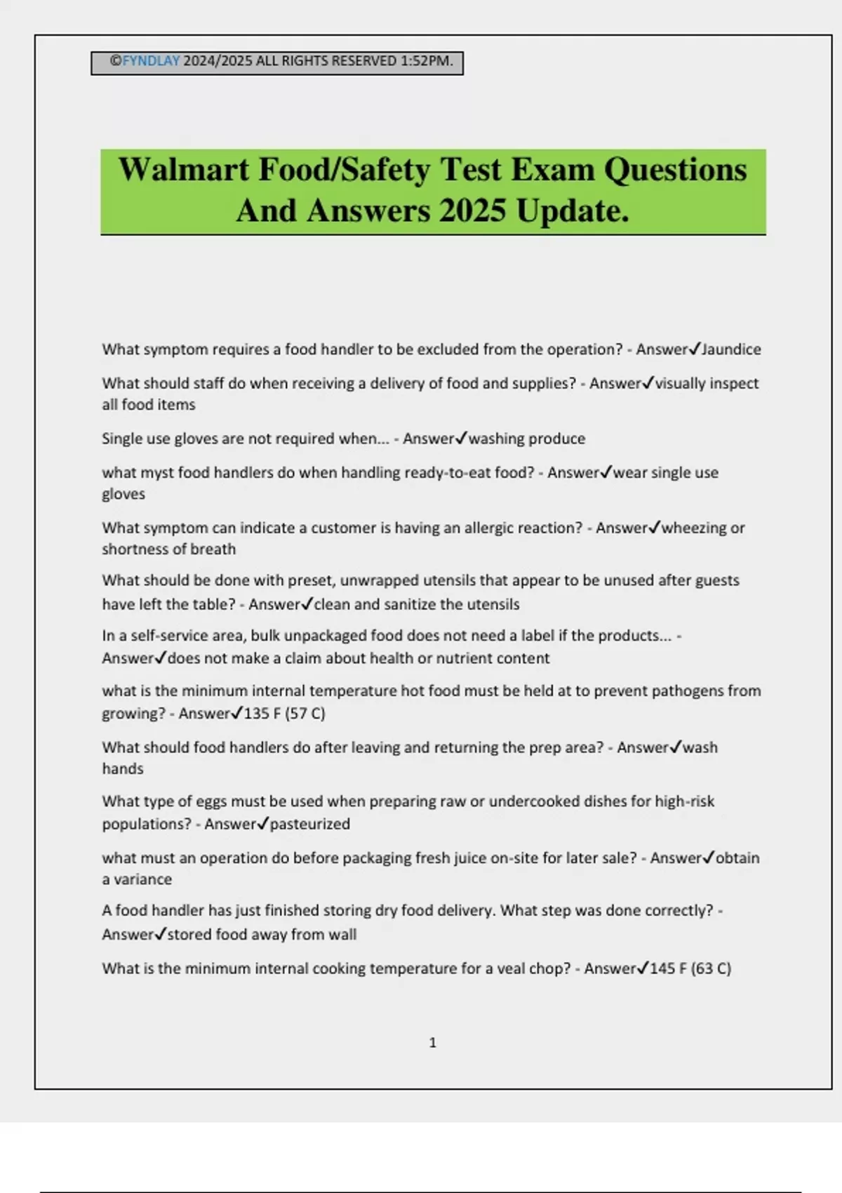 Walmart Food/Safety Test Exam Questions And Answers 2025 Update ...