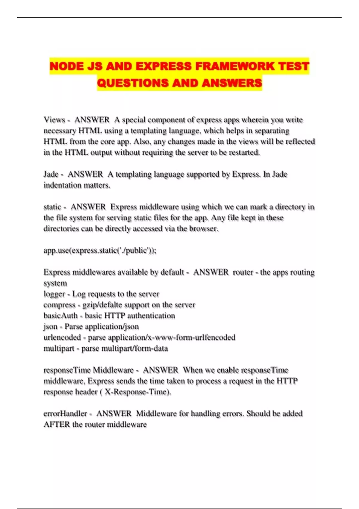 ALL NODE JS PACKAGED EXAMS: QUESTIONS WITH 100% VERIFIED ANSWERS - Stuvia US