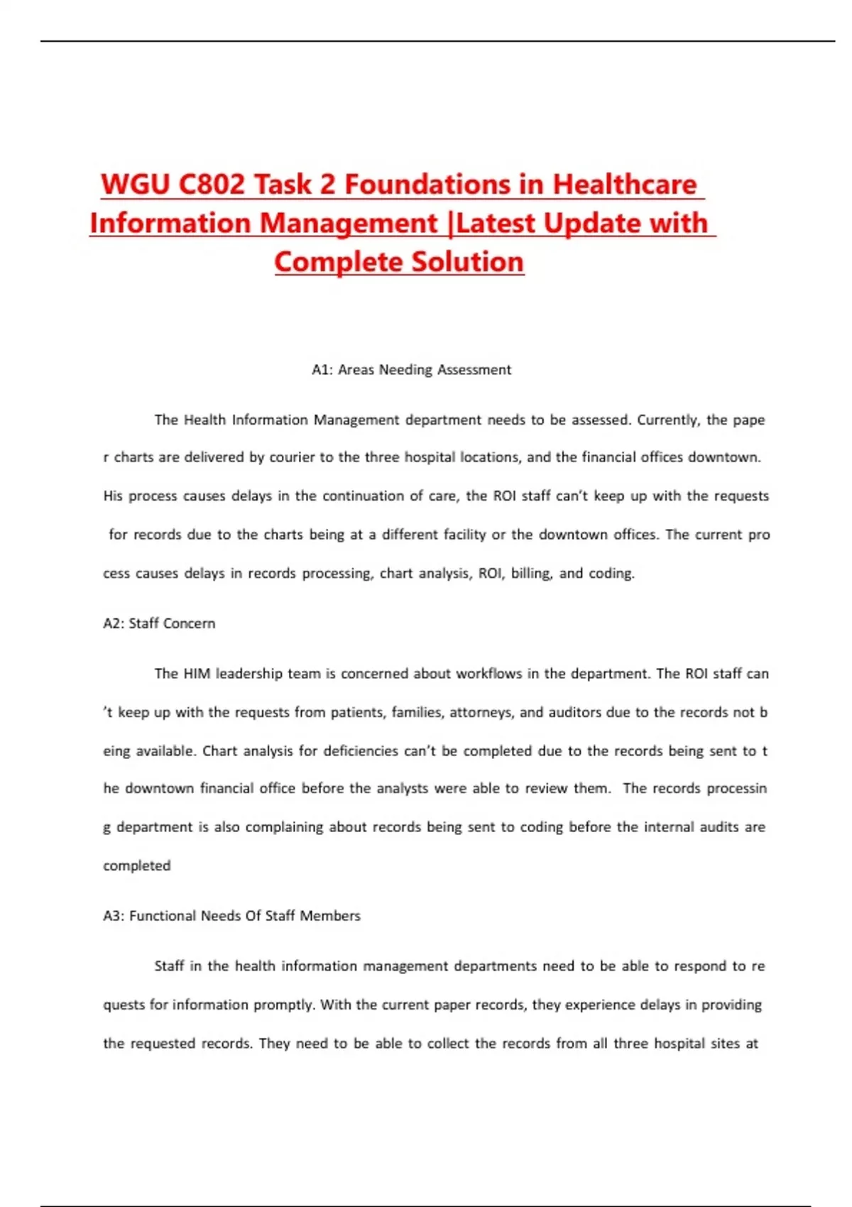 WGU C802 Task 2 Foundations in Healthcare Information Management ...