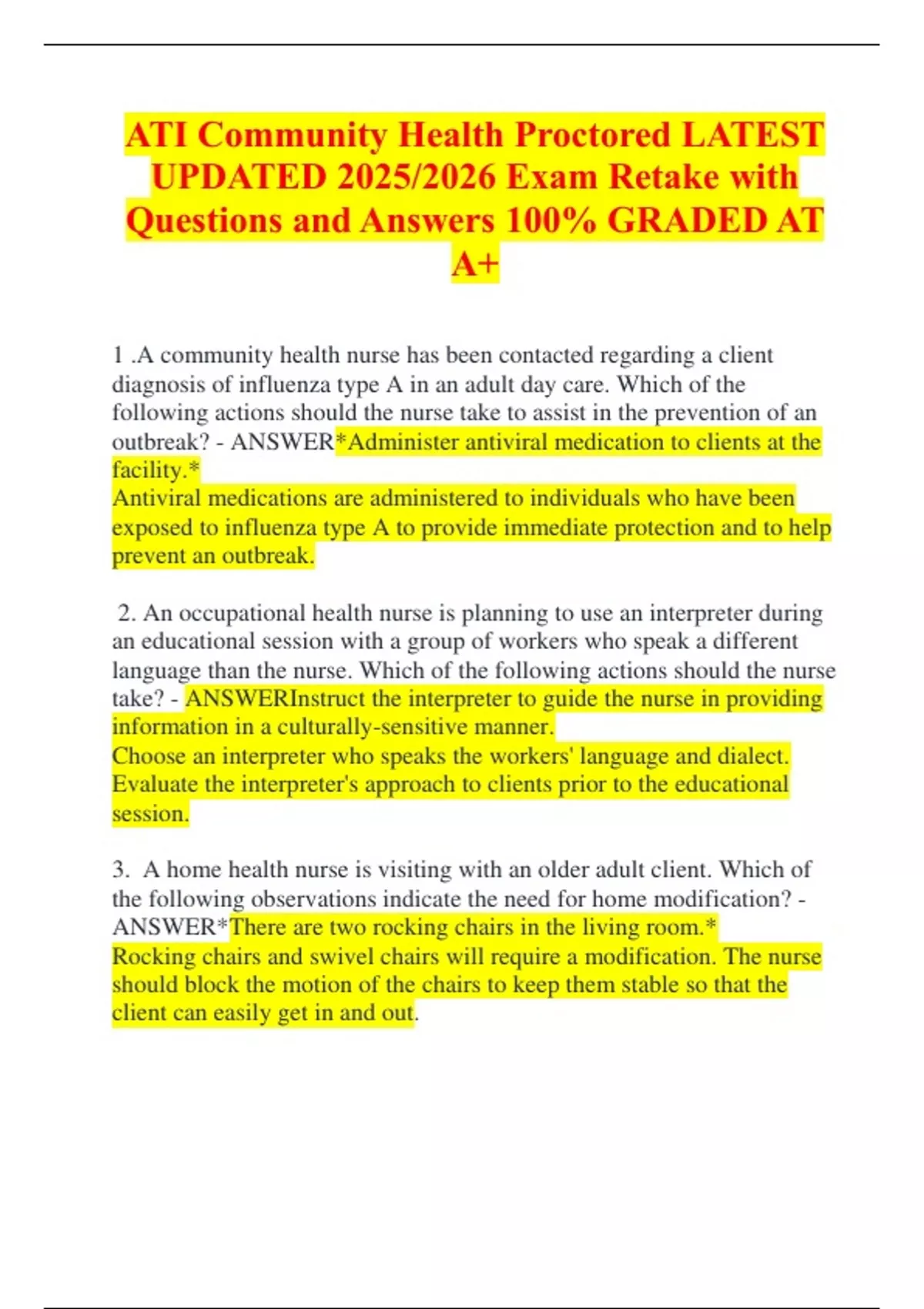 ATI Community Health Proctored LATEST UPDATED 2025/2026 Exam Retake ...