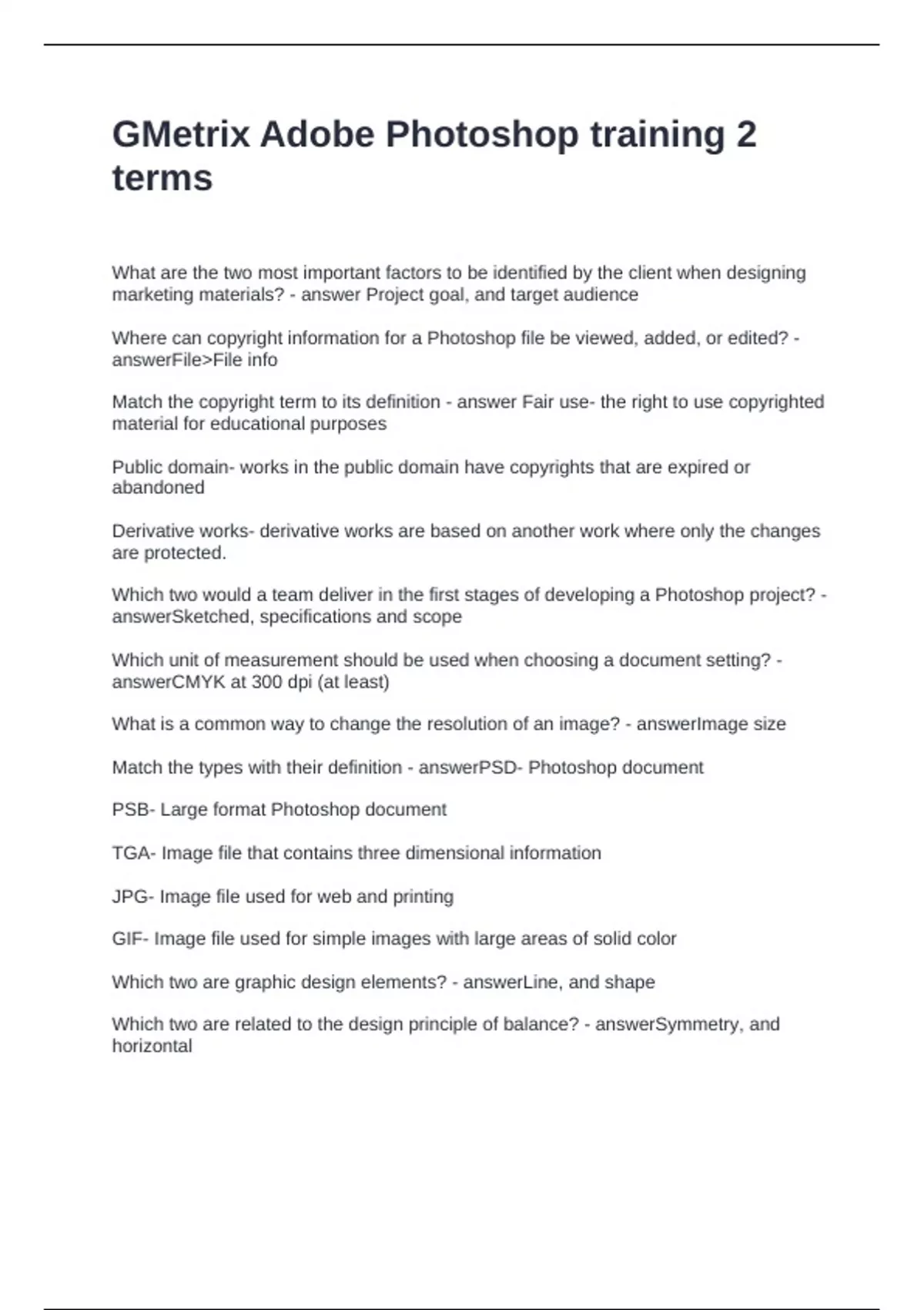 GMetrix Adobe Photoshop training 2 terms Questions with Correct Answers ...
