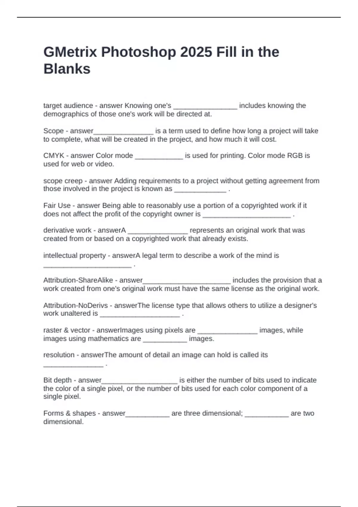 GMetrix Photoshop 2025 Fill in the Blanks Questions with Solutions ...