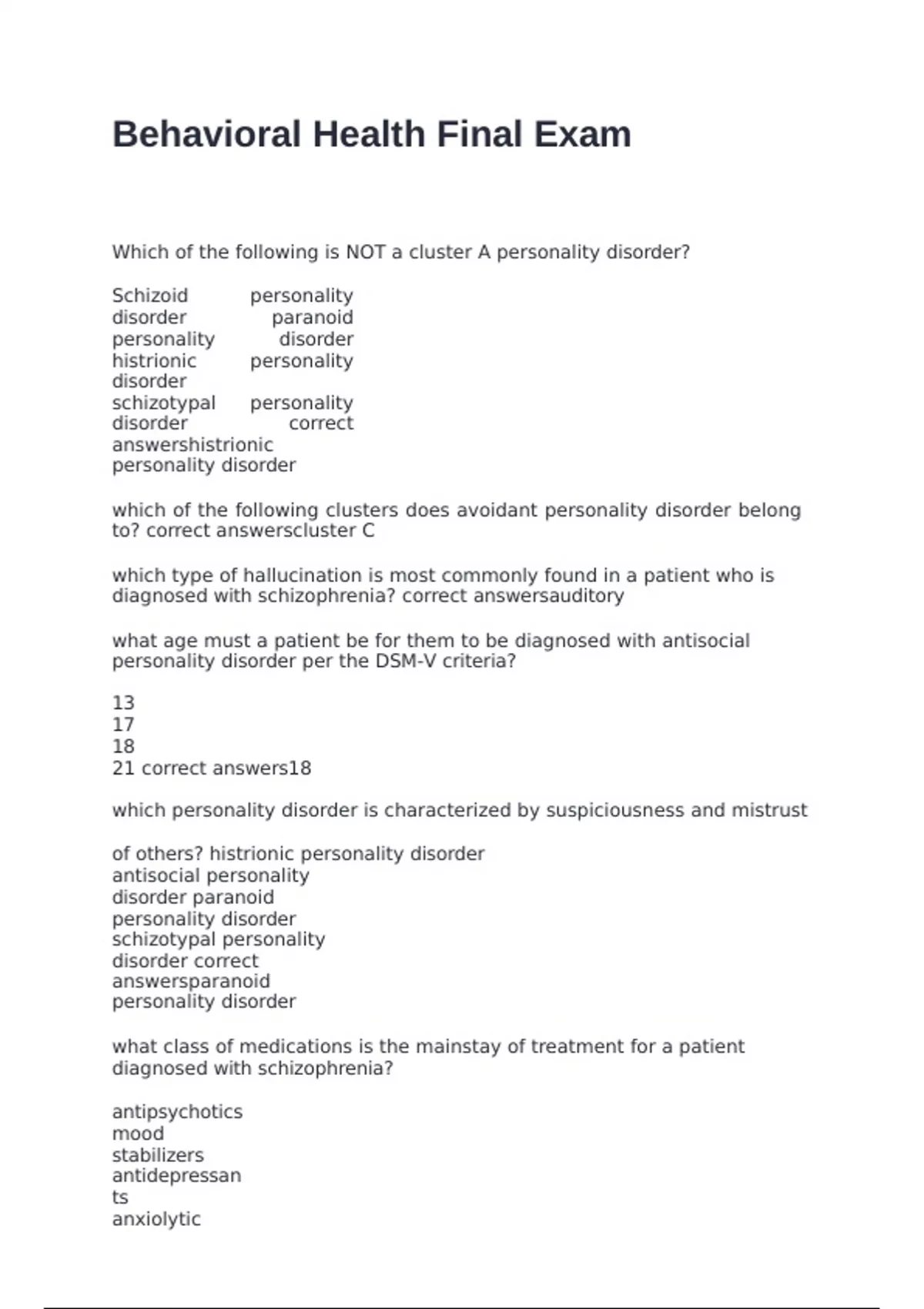 Behavioral Health Final Exam with 100% correct answers 2025 ...