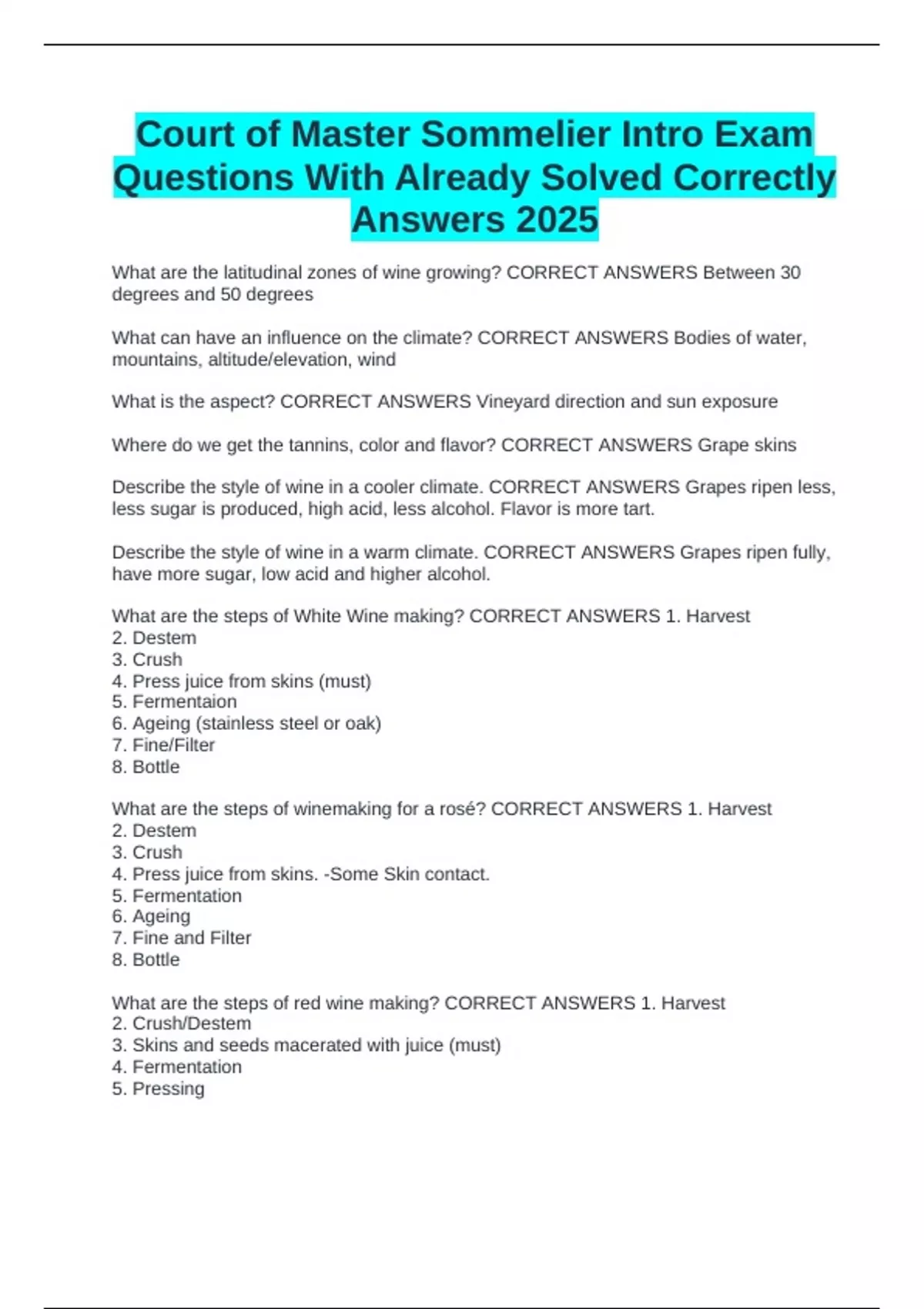 Court of Master Sommelier Intro Exam Questions With Already Solved ...