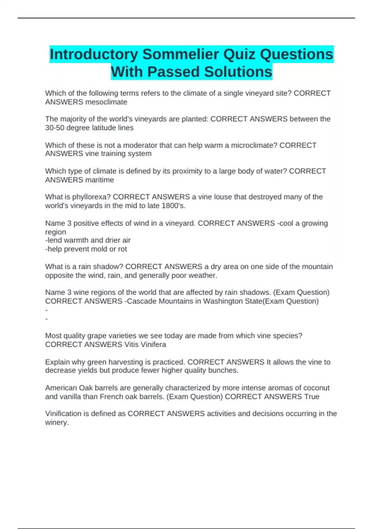 Introductory Sommelier Quiz Questions With Passed Solutions - Introductory Sommelier - Stuvia US