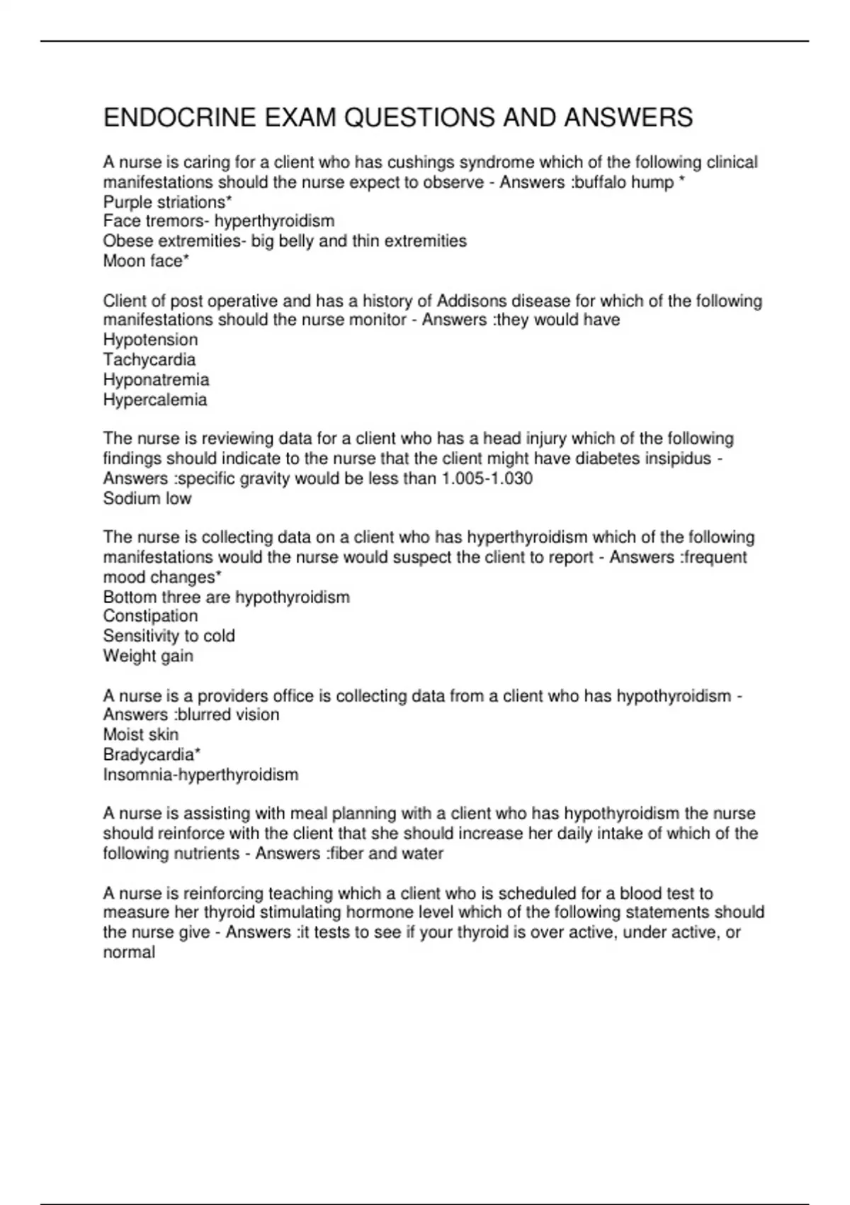 ENDOCRINE EXAM QUESTIONS AND ANSWERS - Nursing - Stuvia US