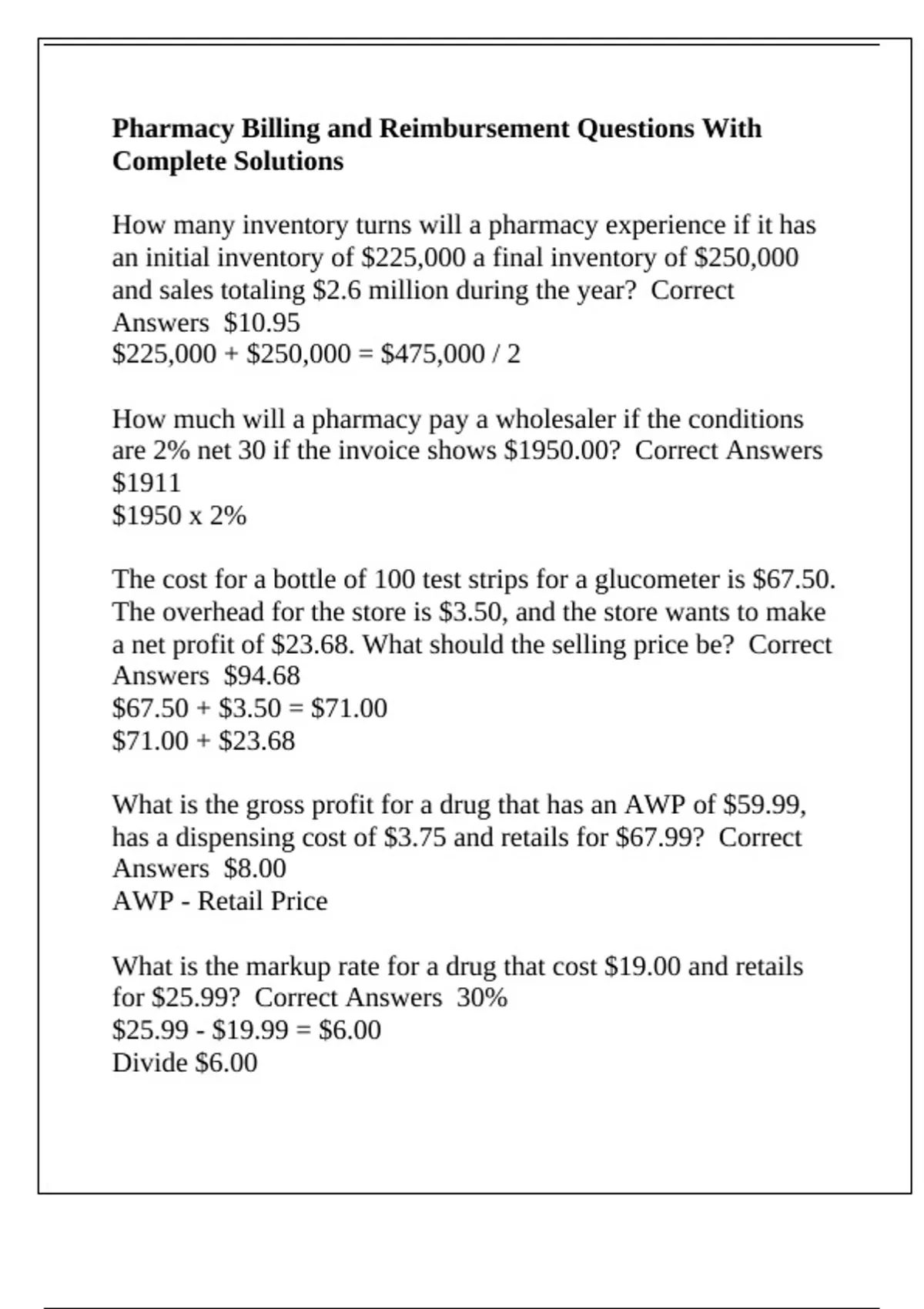 Pharmacy Billing and Reimbursement Questions With Complete Solutions ...