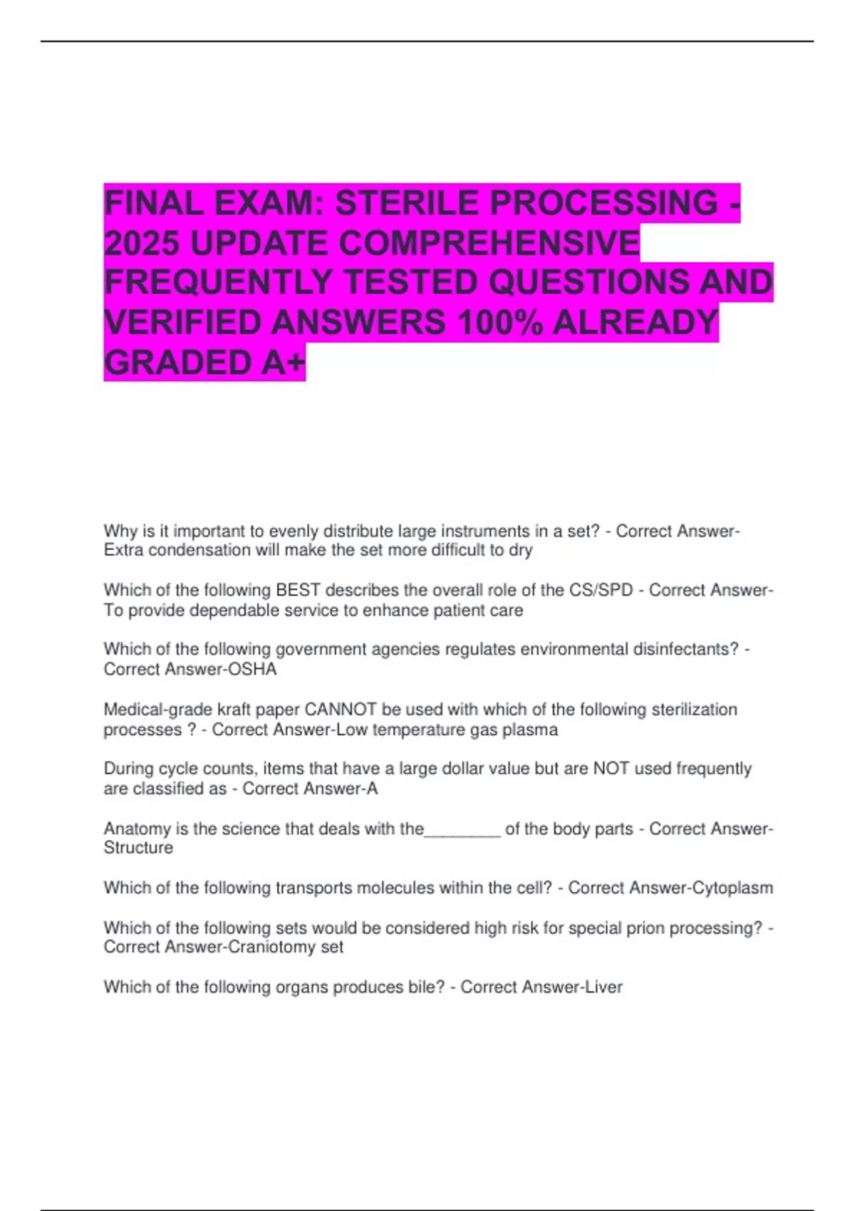 FINAL EXAM: STERILE PROCESSING - 2025 UPDATE COMPREHENSIVE FREQUENTLY ...