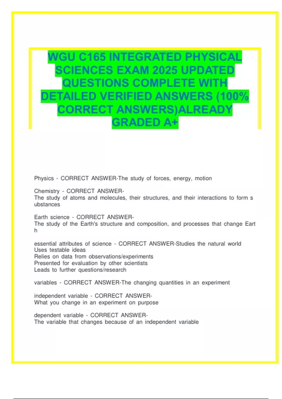 WGU C165 INTEGRATED PHYSICAL SCIENCES EXAM 2025 UPDATED QUESTIONS ...