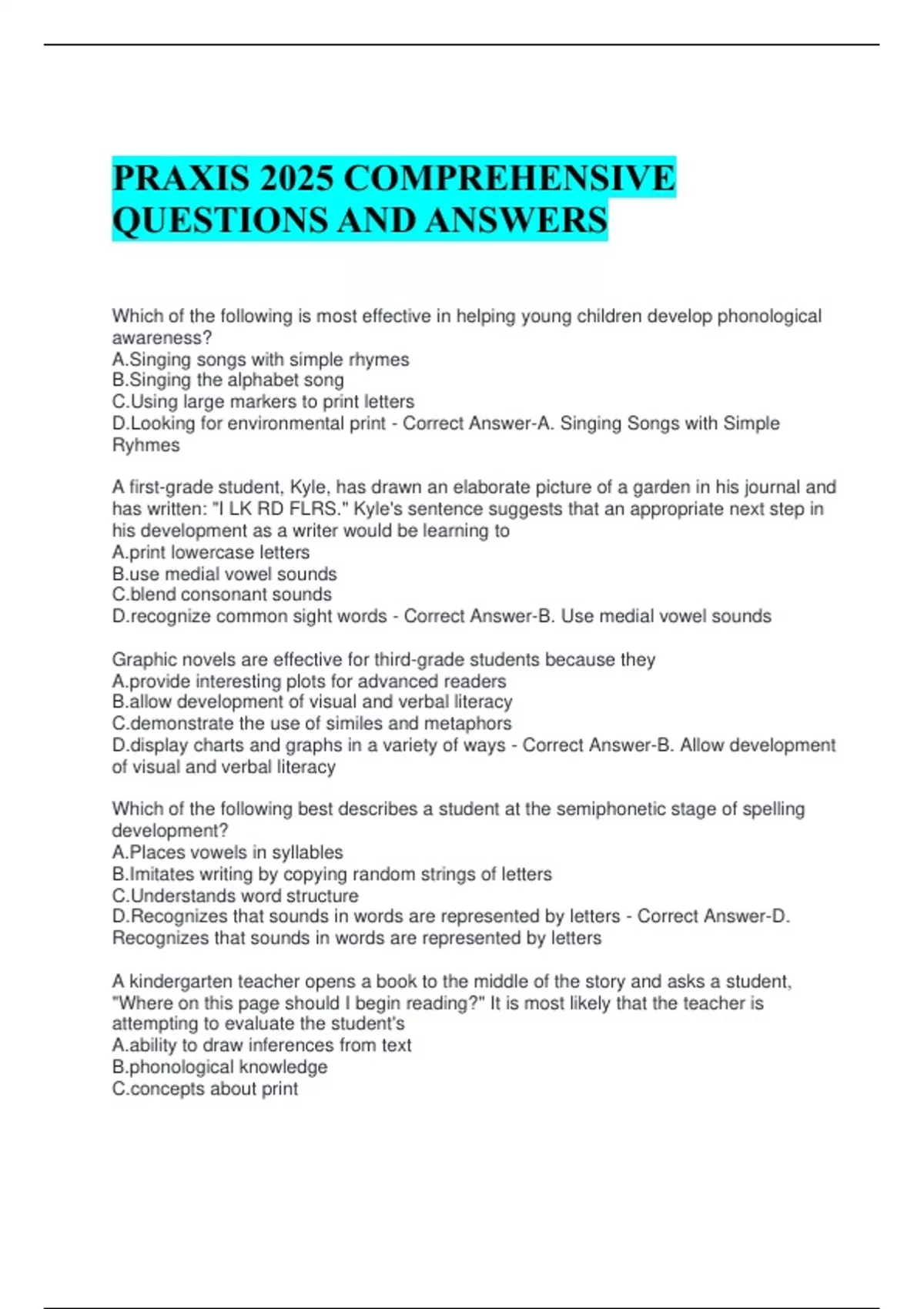 PRAXIS 2025 COMPREHENSIVE QUESTIONS AND ANSWERS - Praxis - Stuvia US