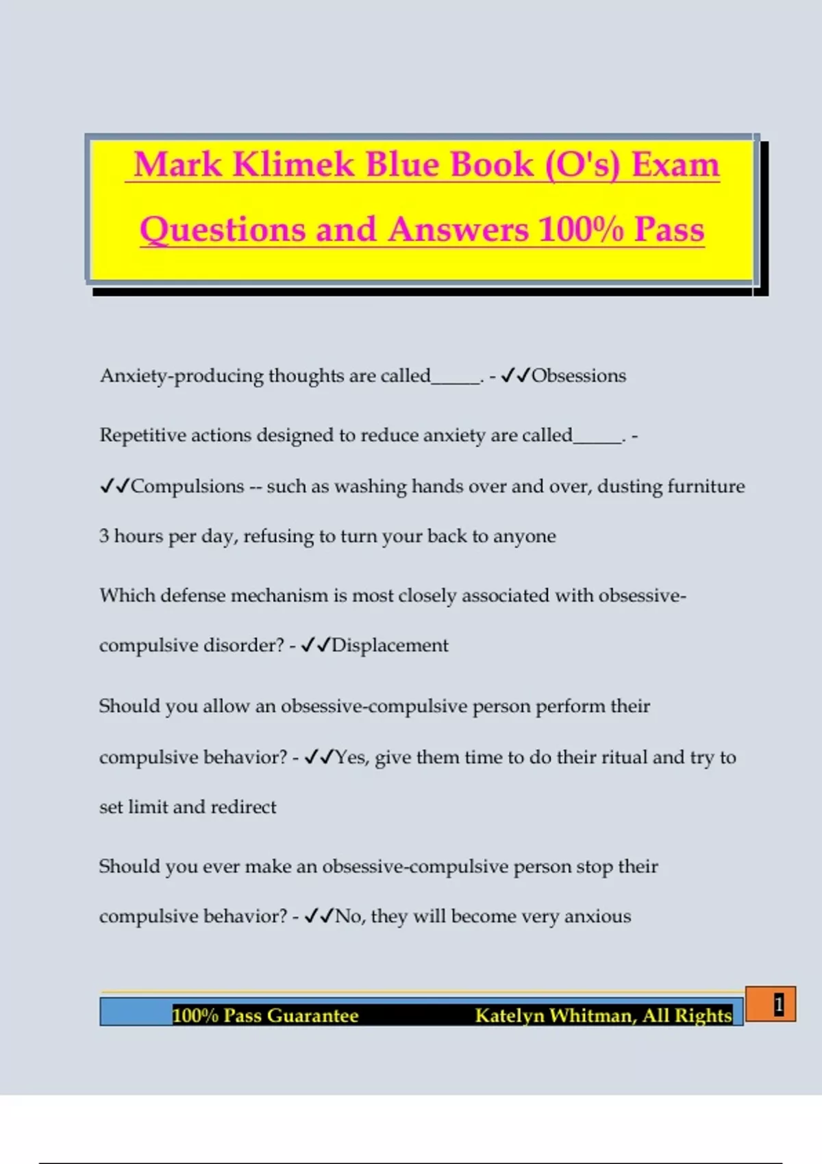 Mark Klimek Blue Book (O's) Exam Questions and Answers 100% Pass ...