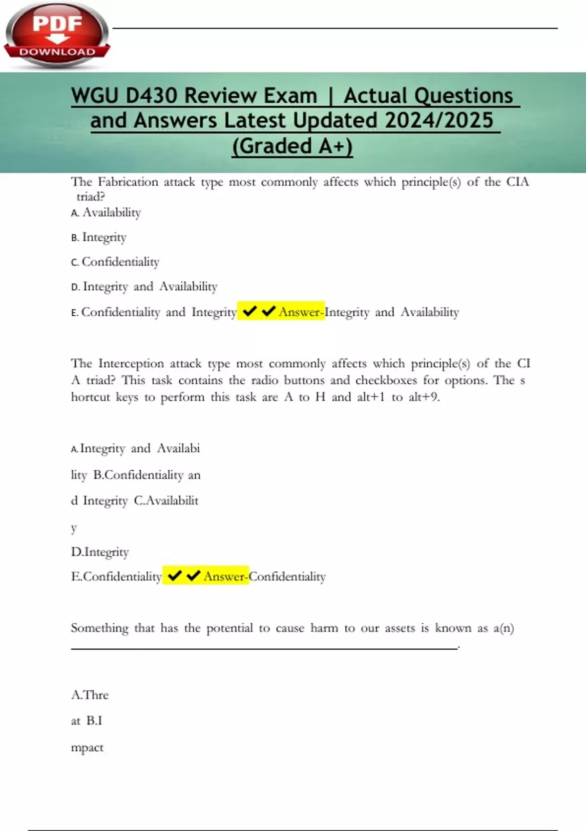 WGU D430 Review Exam | Actual Questions and Answers Latest Updated 2024 ...