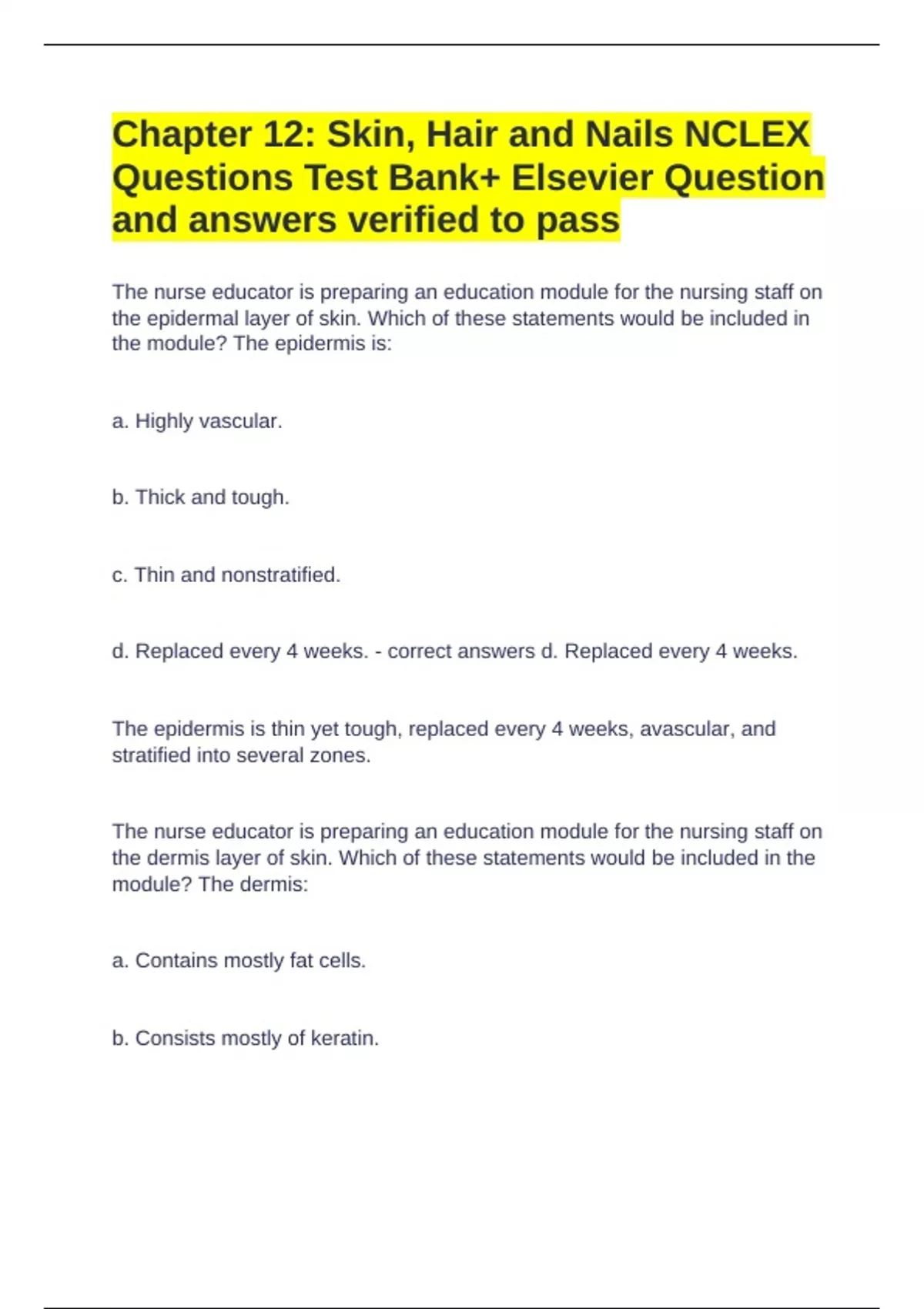 Chapter 12: Skin, Hair and Nails NCLEX Questions Test Bank+ Elsevier ...