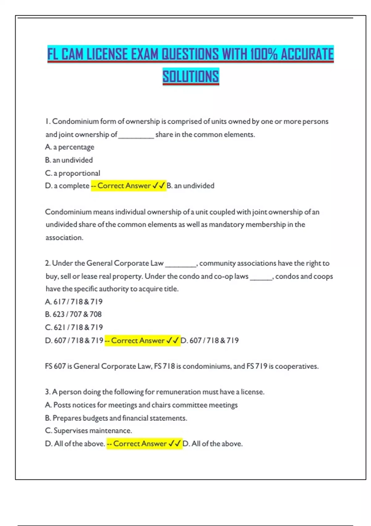 FL CAM LICENSE EXAM QUESTIONS WITH 100% ACCURATE SOLUTIONS - FLORIDA ...