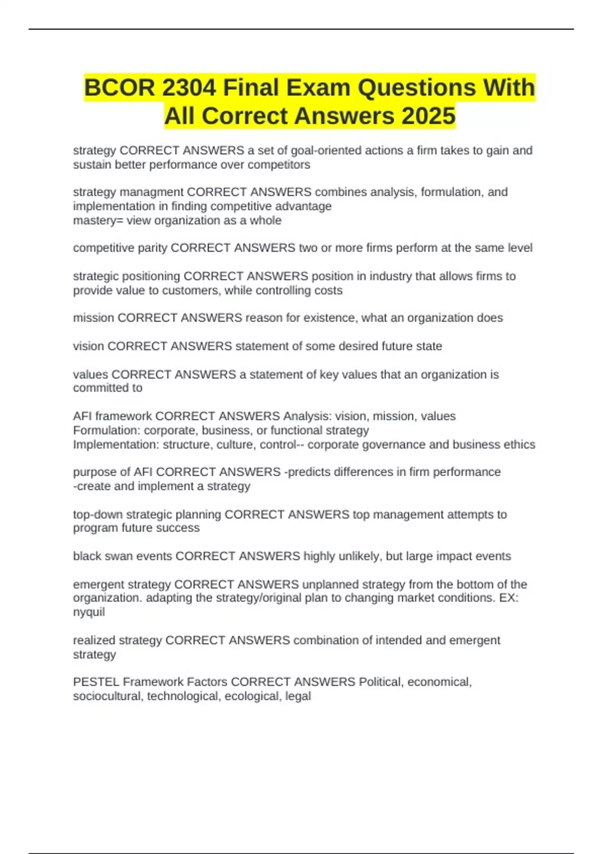 BCOR 2304 Final Exam Questions With All Correct Answers 2025 - BCOR ...