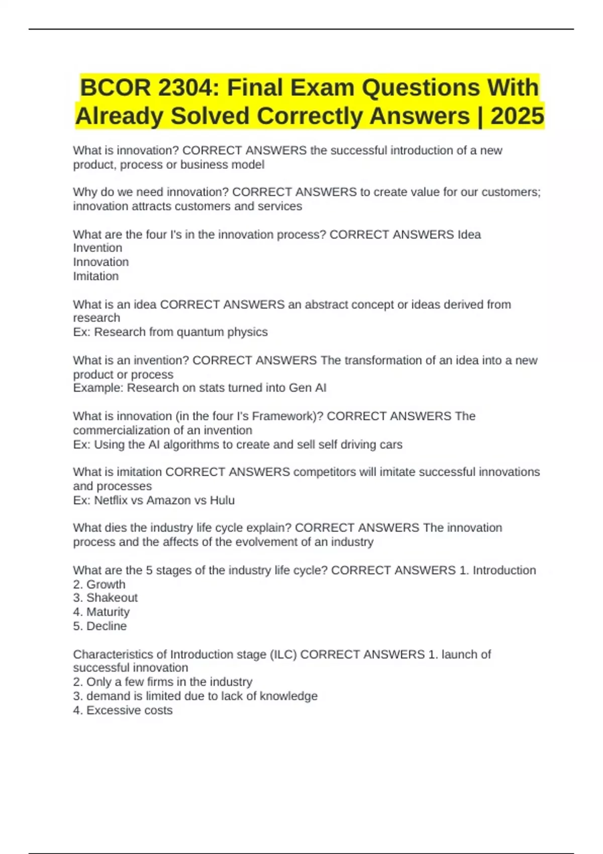 BCOR 2304: Final Exam Questions With Already Solved Correctly Answers ...