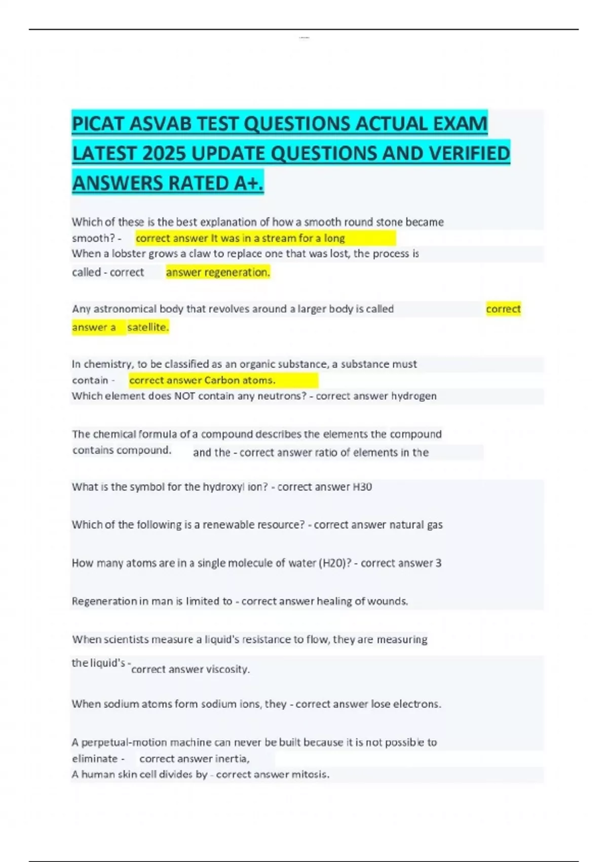 PICAT ASVAB TEST QUESTIONS ACTUAL EXAM LATEST 2025 UPDATE QUESTIONS AND ...