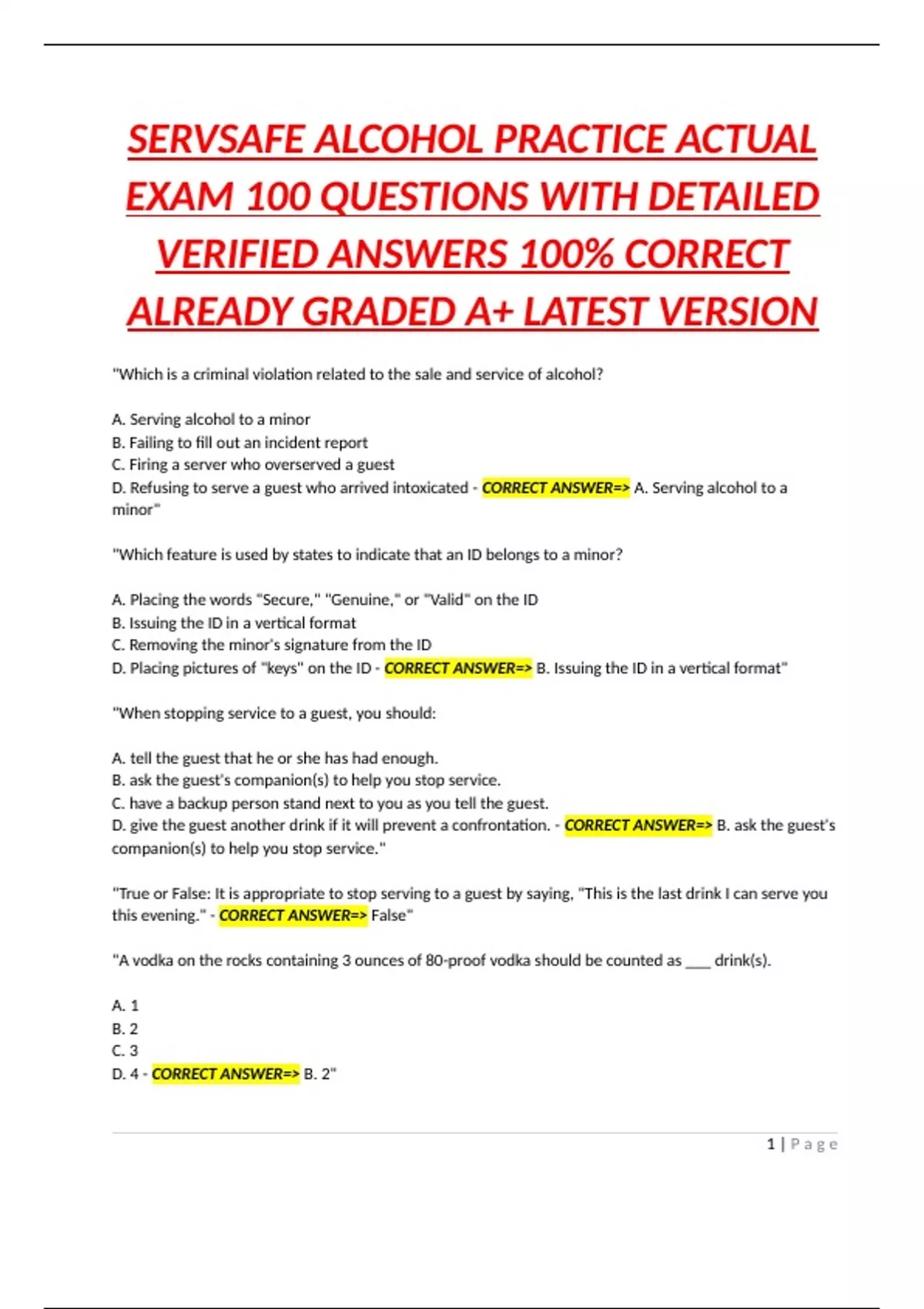 SERVSAFE ALCOHOL PRACTICE ACTUAL EXAM 100 QUESTIONS WITH DETAILED ...