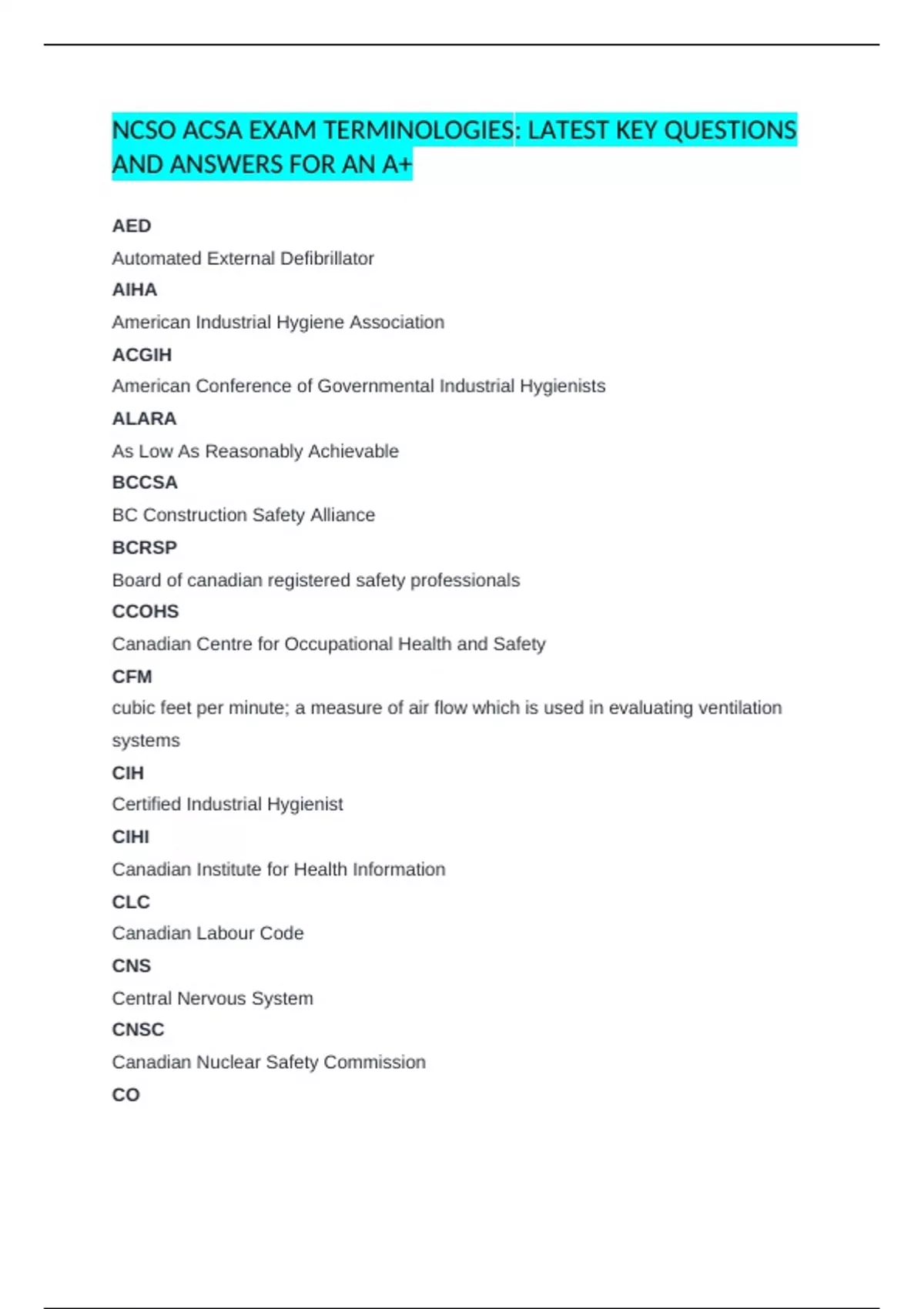 NCSO ACSA EXAM TERMINOLOGIES: LATEST KEY QUESTIONS AND ANSWERS FOR AN ...