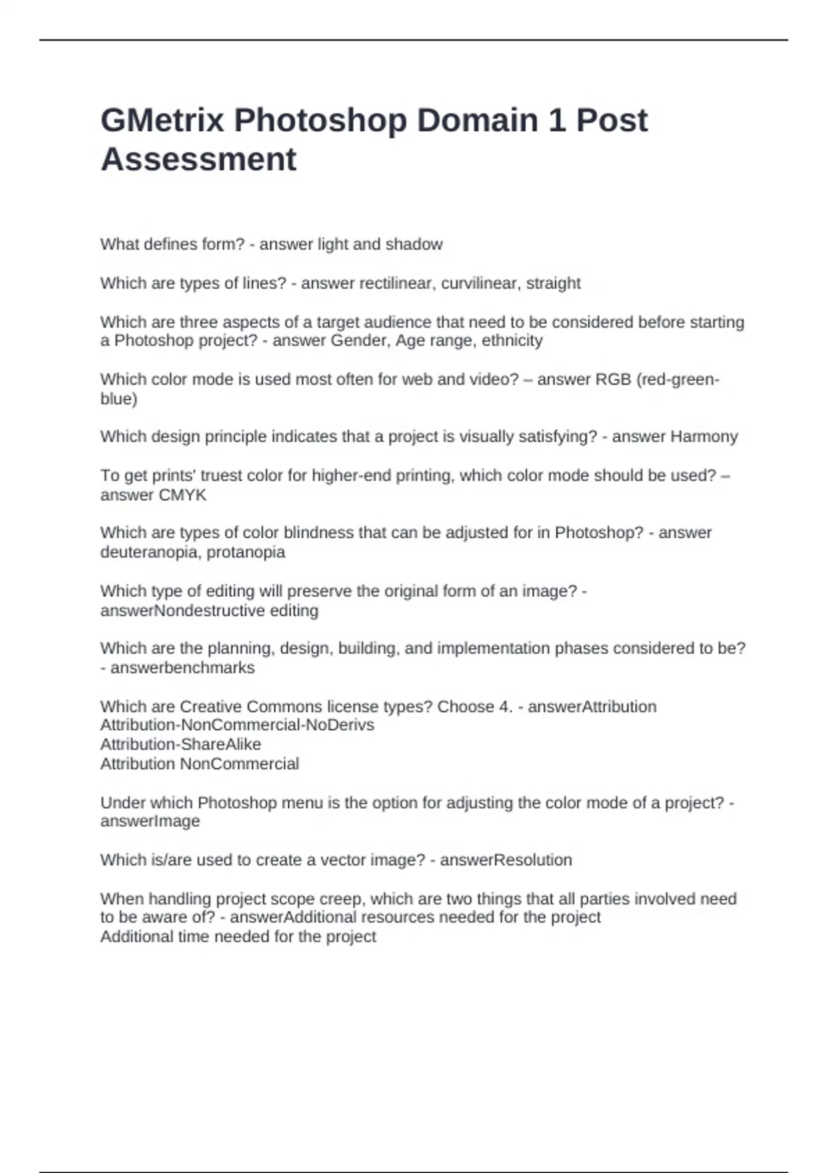 GMetrix Photoshop Domain 1 Post Assessment Questions and Answers - PHOTOSHOP GMETRIX - Stuvia US