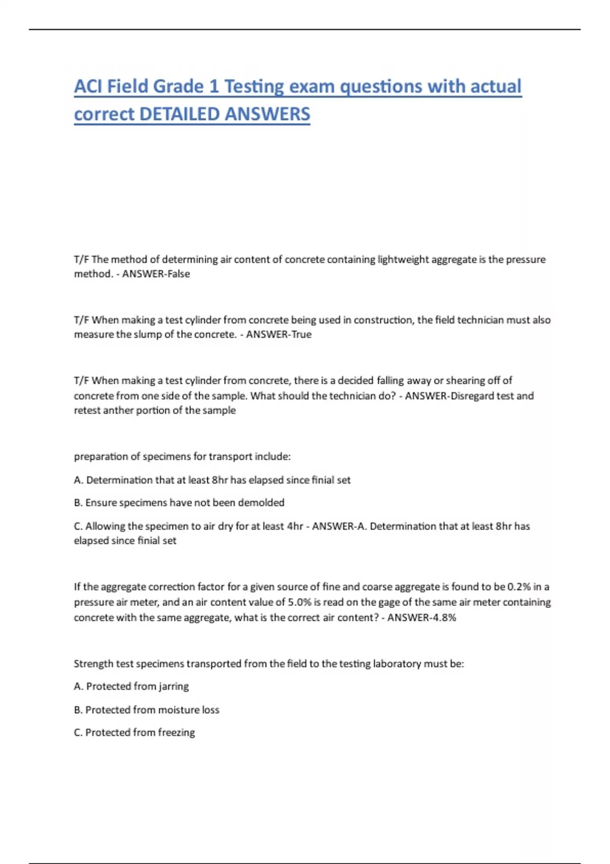 ACI Field Grade 1 Testing exam questions with actual correct DETAILED ...