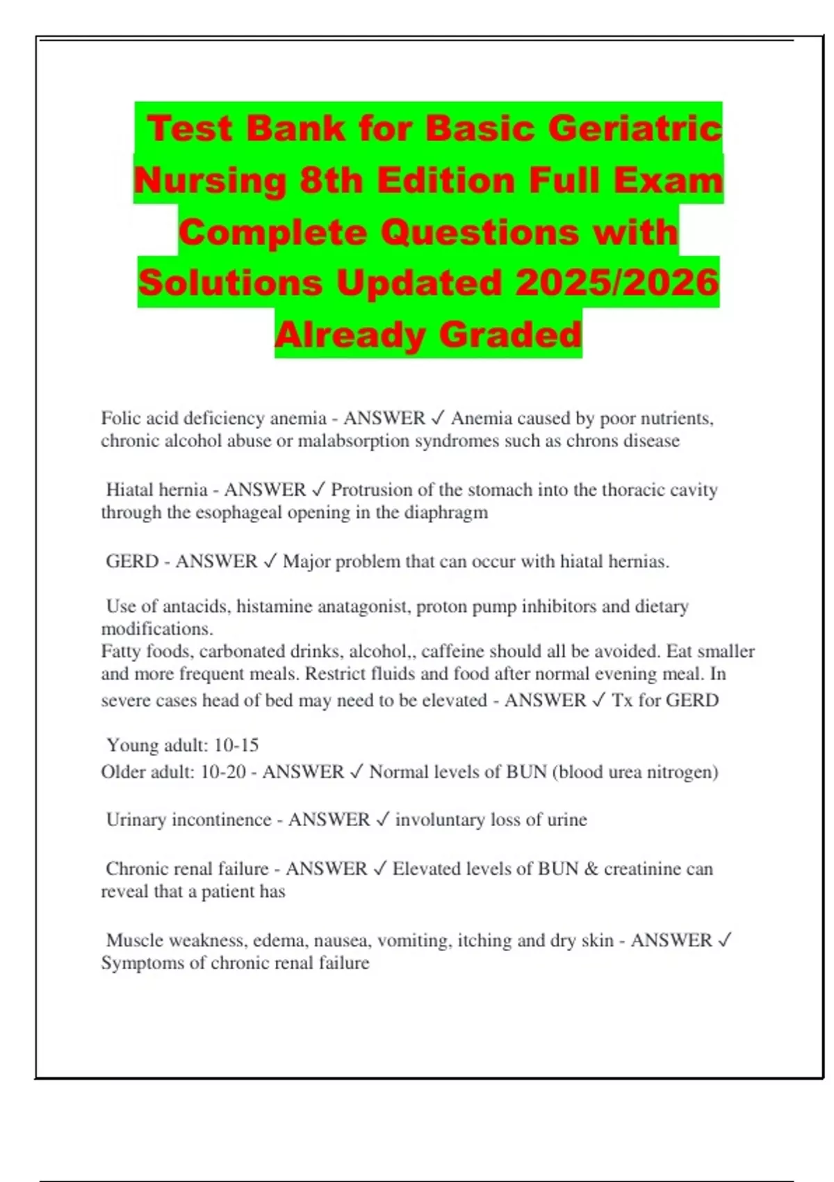 Test Bank for Basic Geriatric Nursing 8th Edition Full Exam Complete ...