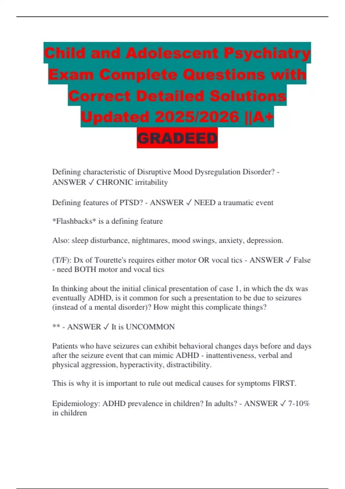 Child and Adolescent Psychiatry Exam Complete Questions with Correct ...