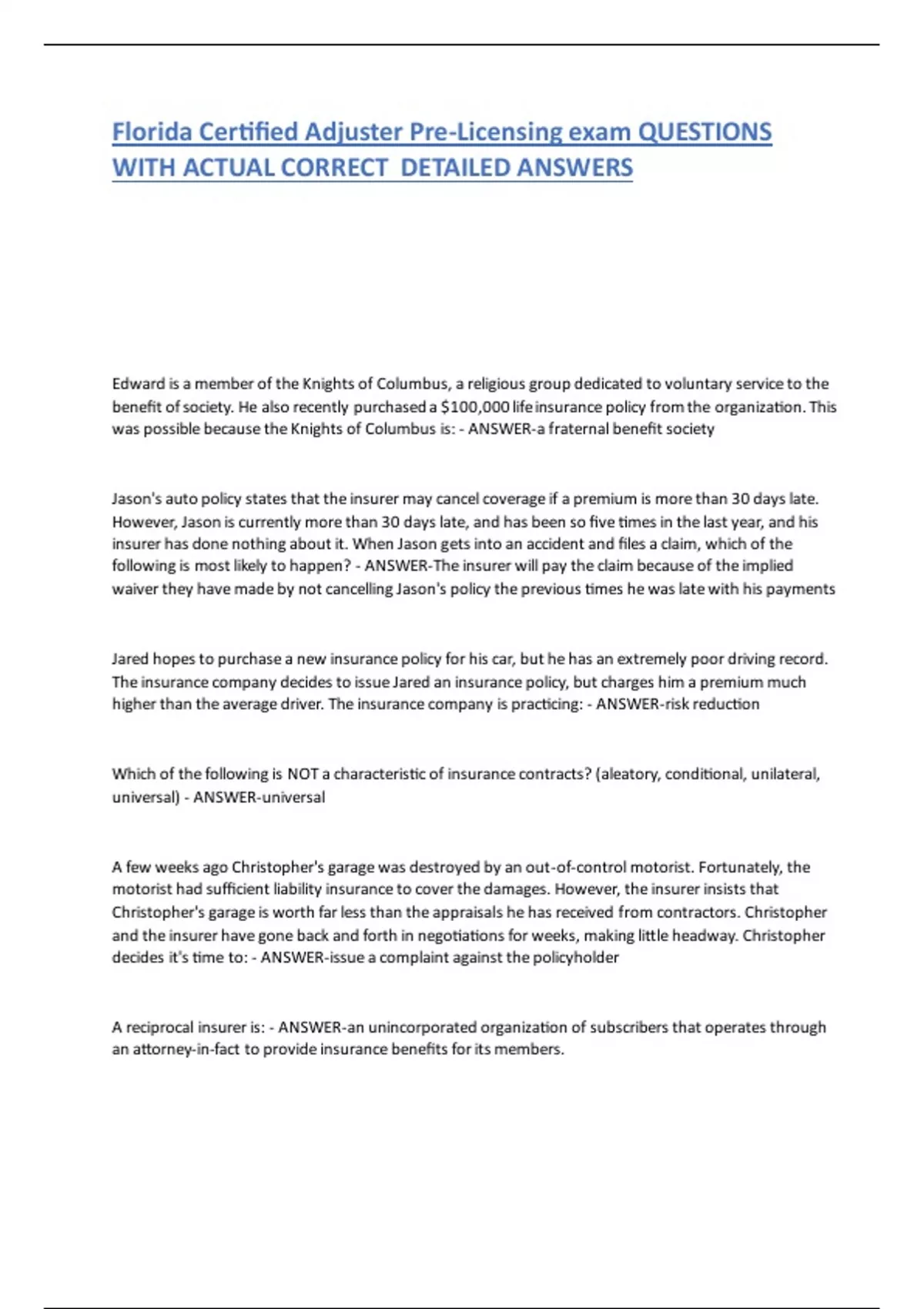 Florida Certified Adjuster Pre-Licensing exam QUESTIONS WITH ACTUAL ...