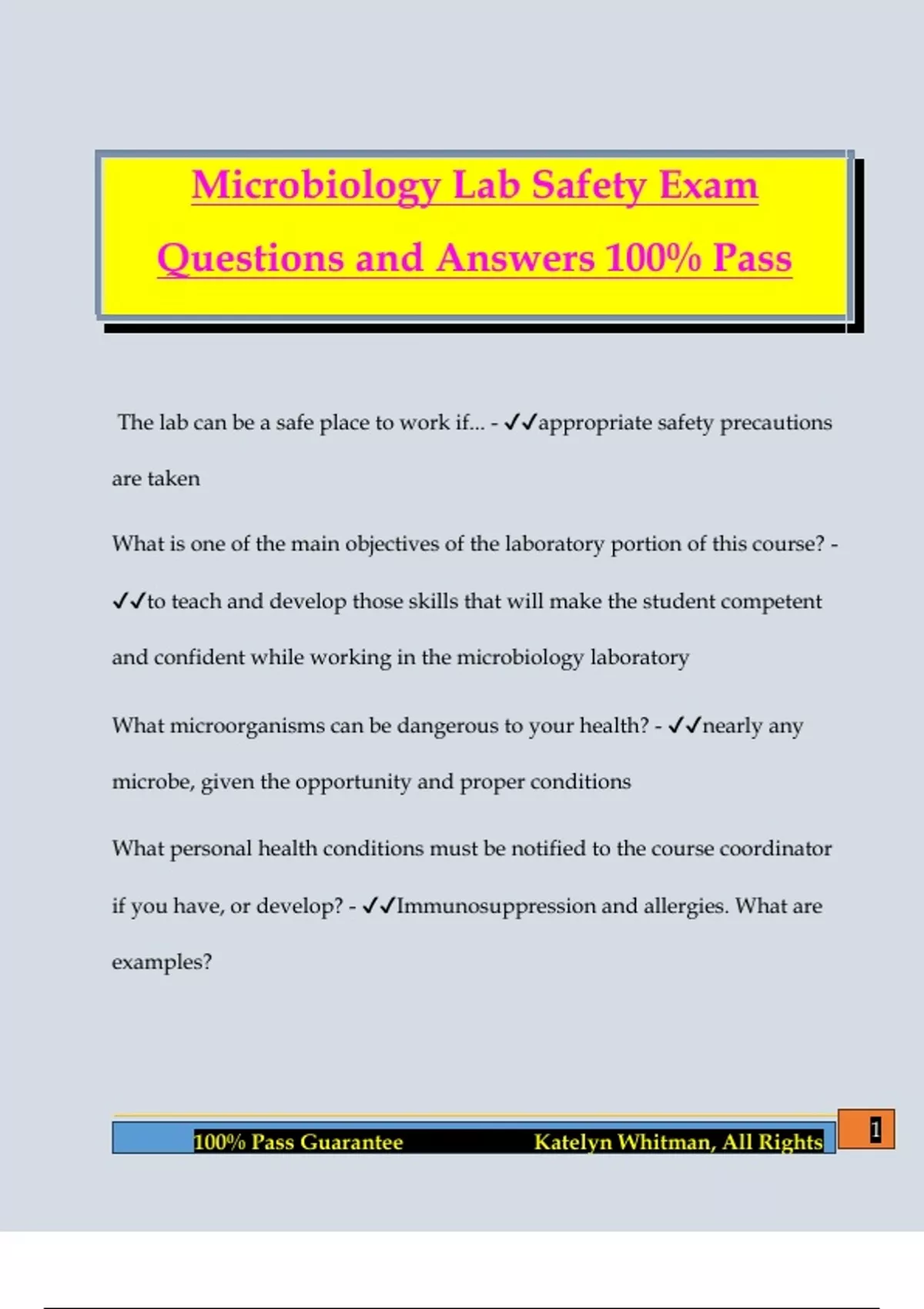 Microbiology Lab Safety Exam Questions and Answers 100% Pass ...