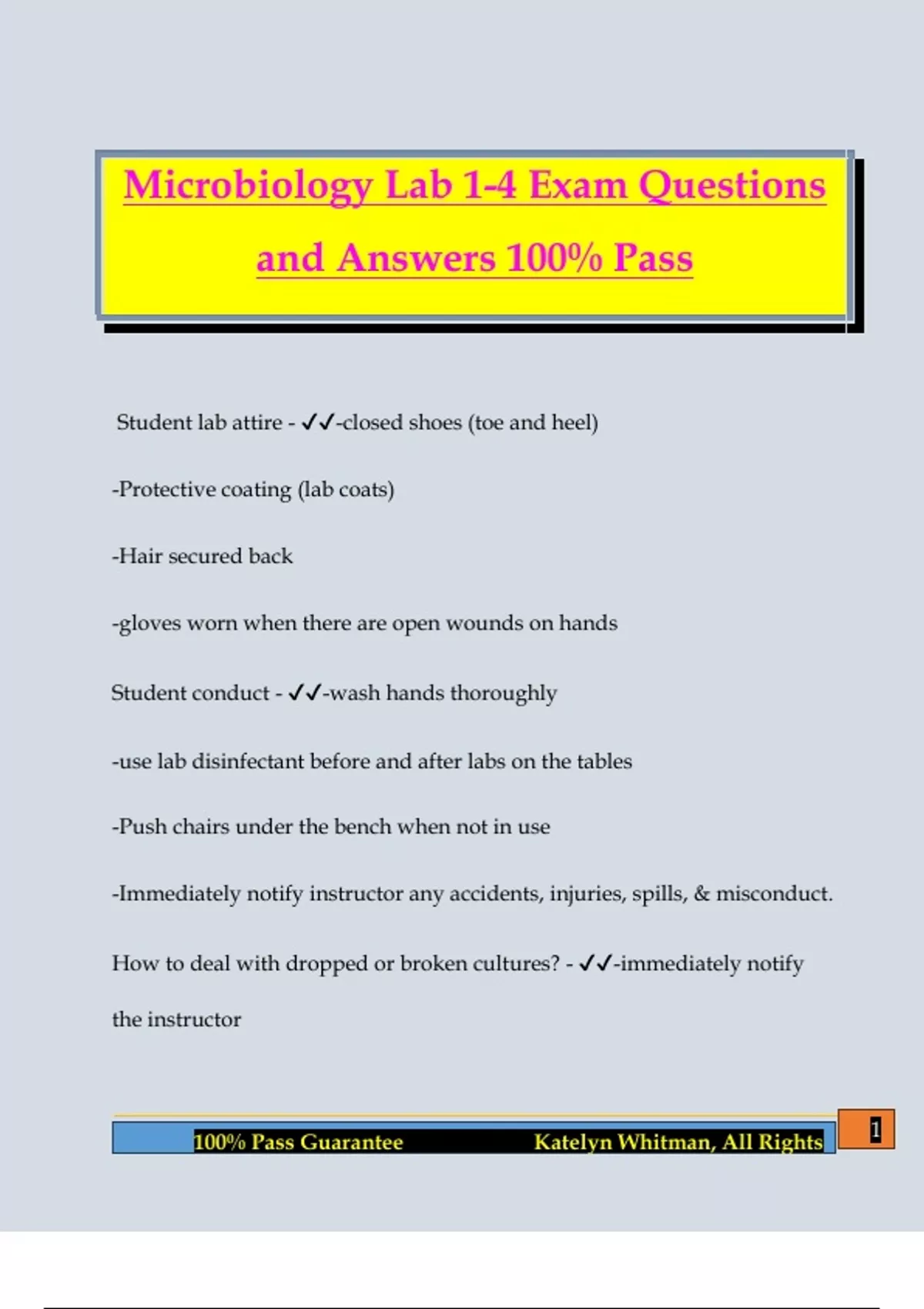 Microbiology Lab 1-4 Exam Questions and Answers 100% Pass ...